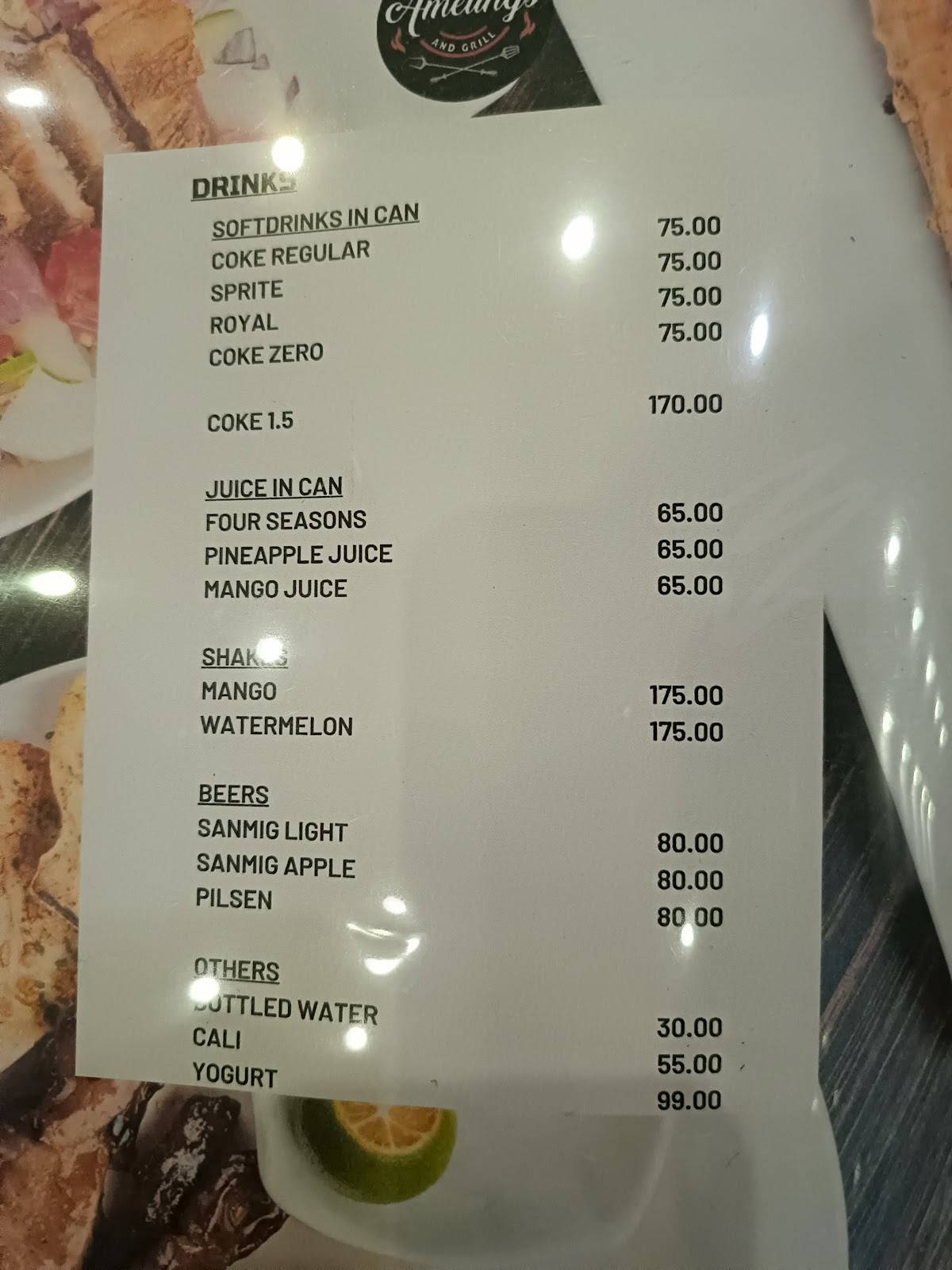 Menu at Ameling's Seafood & Grill restaurant, Davao City
