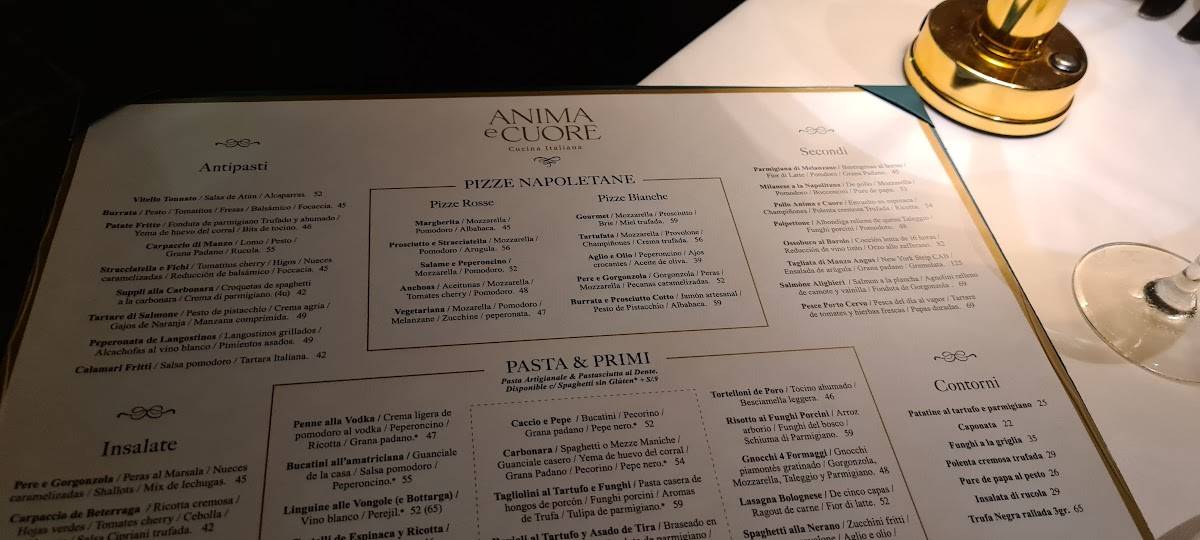 Carta del restaurante Anima e Cuore, Lima