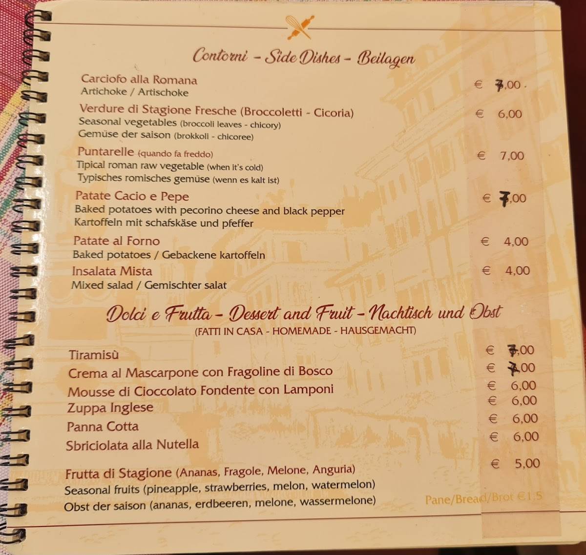 Menu at Antica Hostaria Romanesca restaurant, Rome