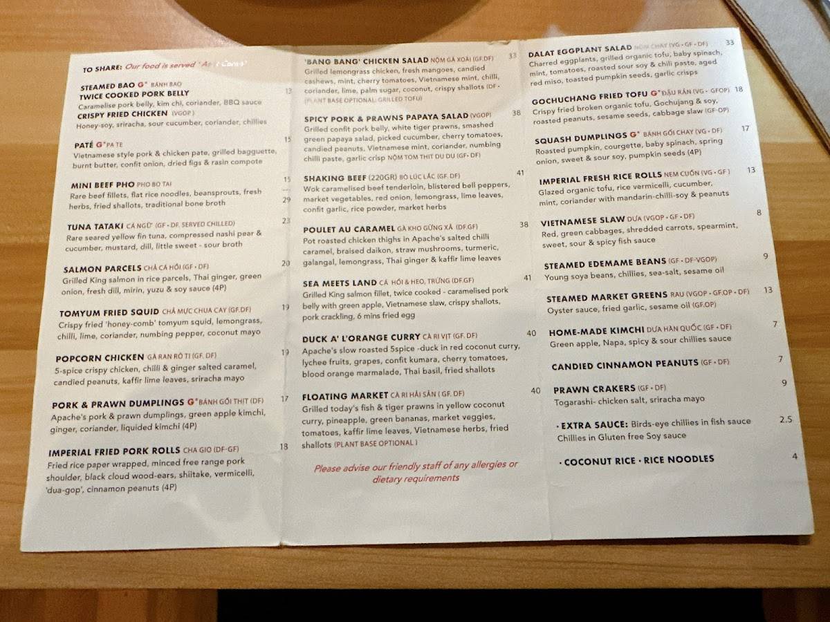 Menu at Apache Restaurant, Wellington