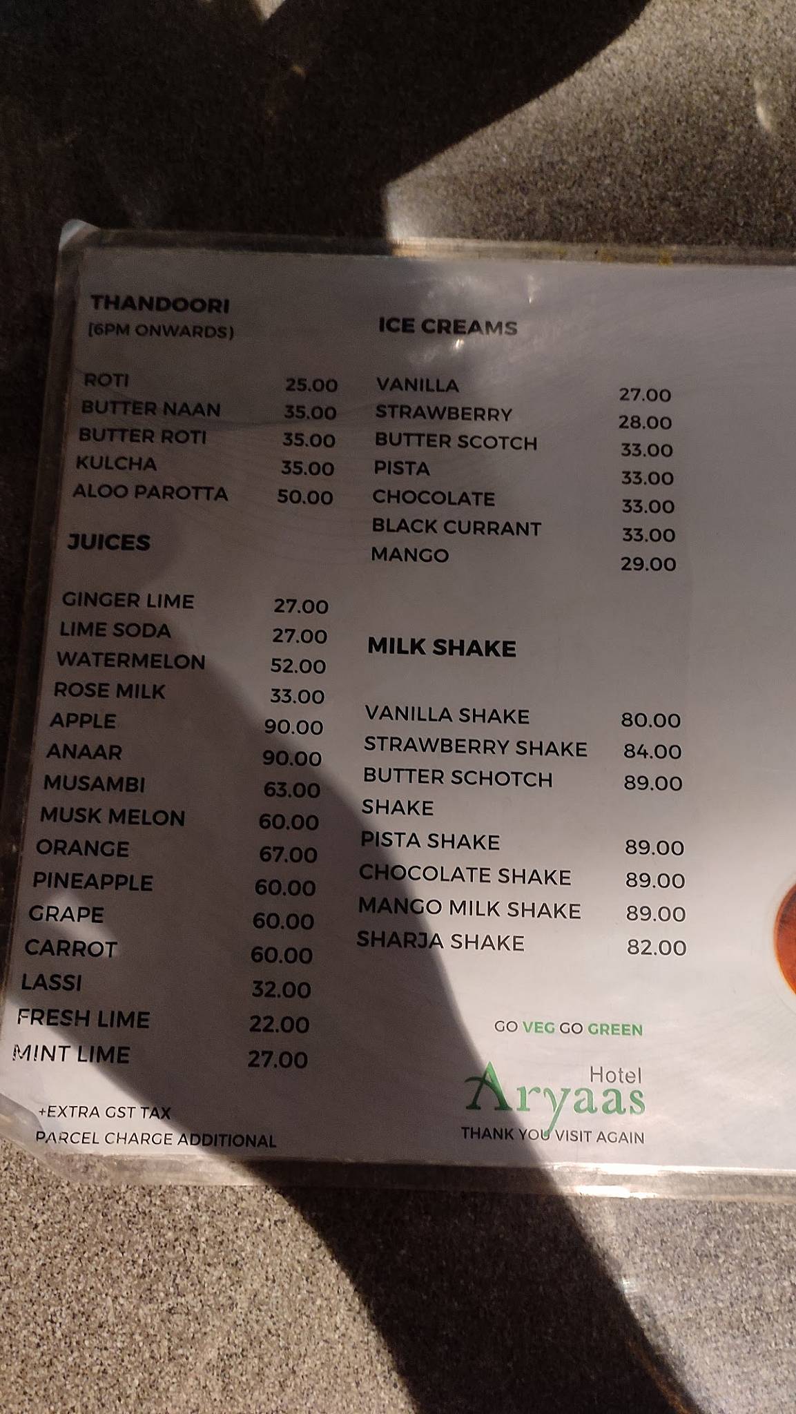 Menu at Aryaas Regent, Kochi