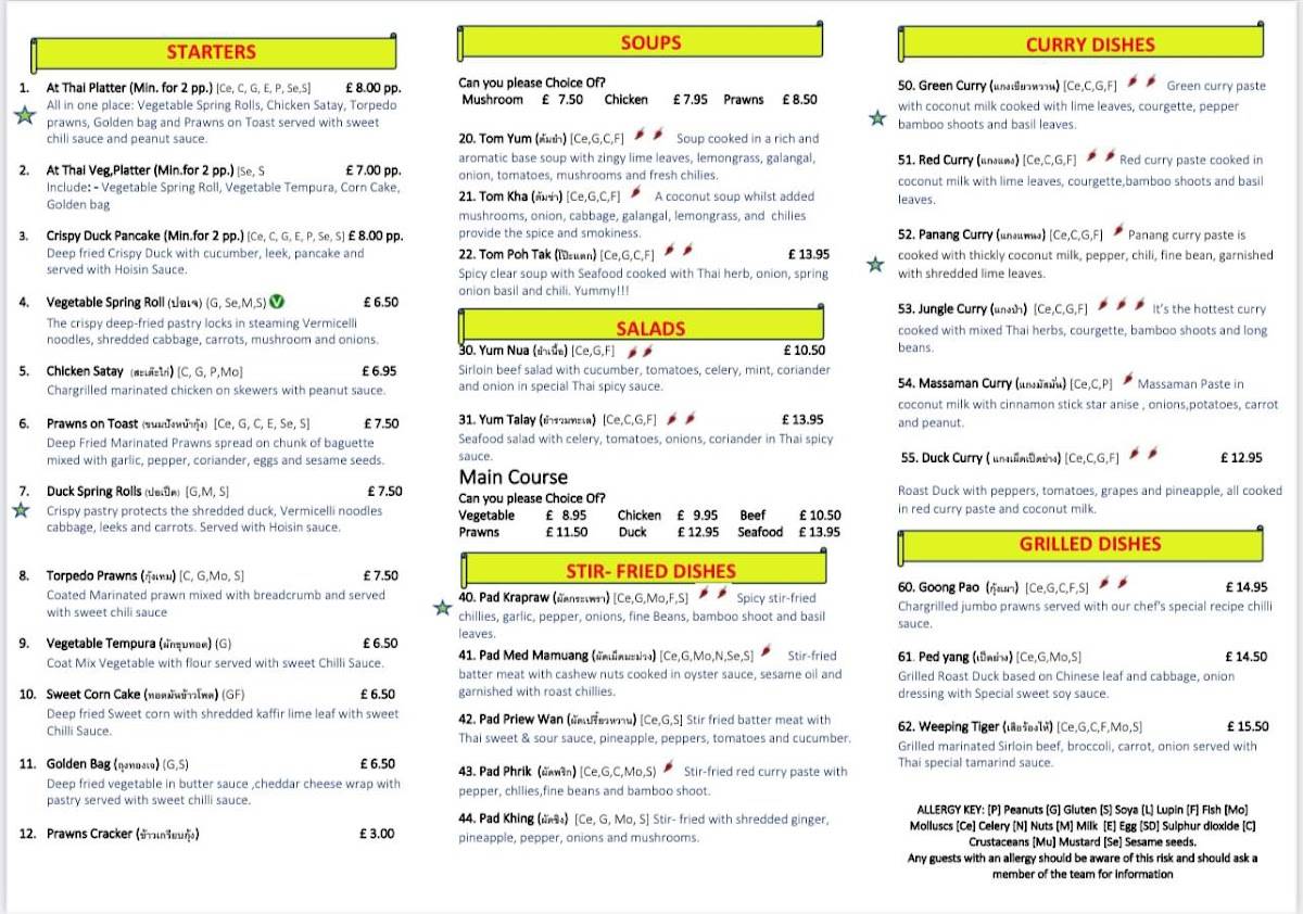 Menu at At Thai restaurant, Brixham