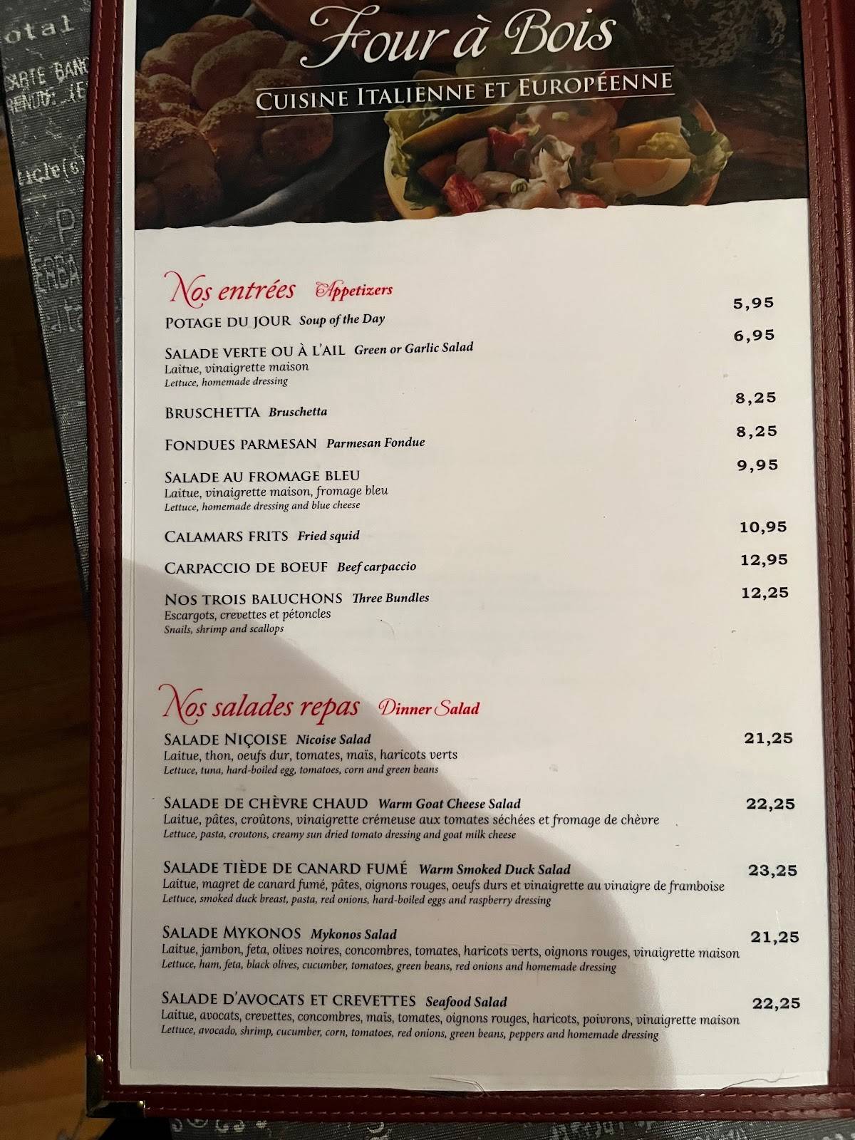 Carta de Restaurant Au Four à Bois, Trois-Rivières