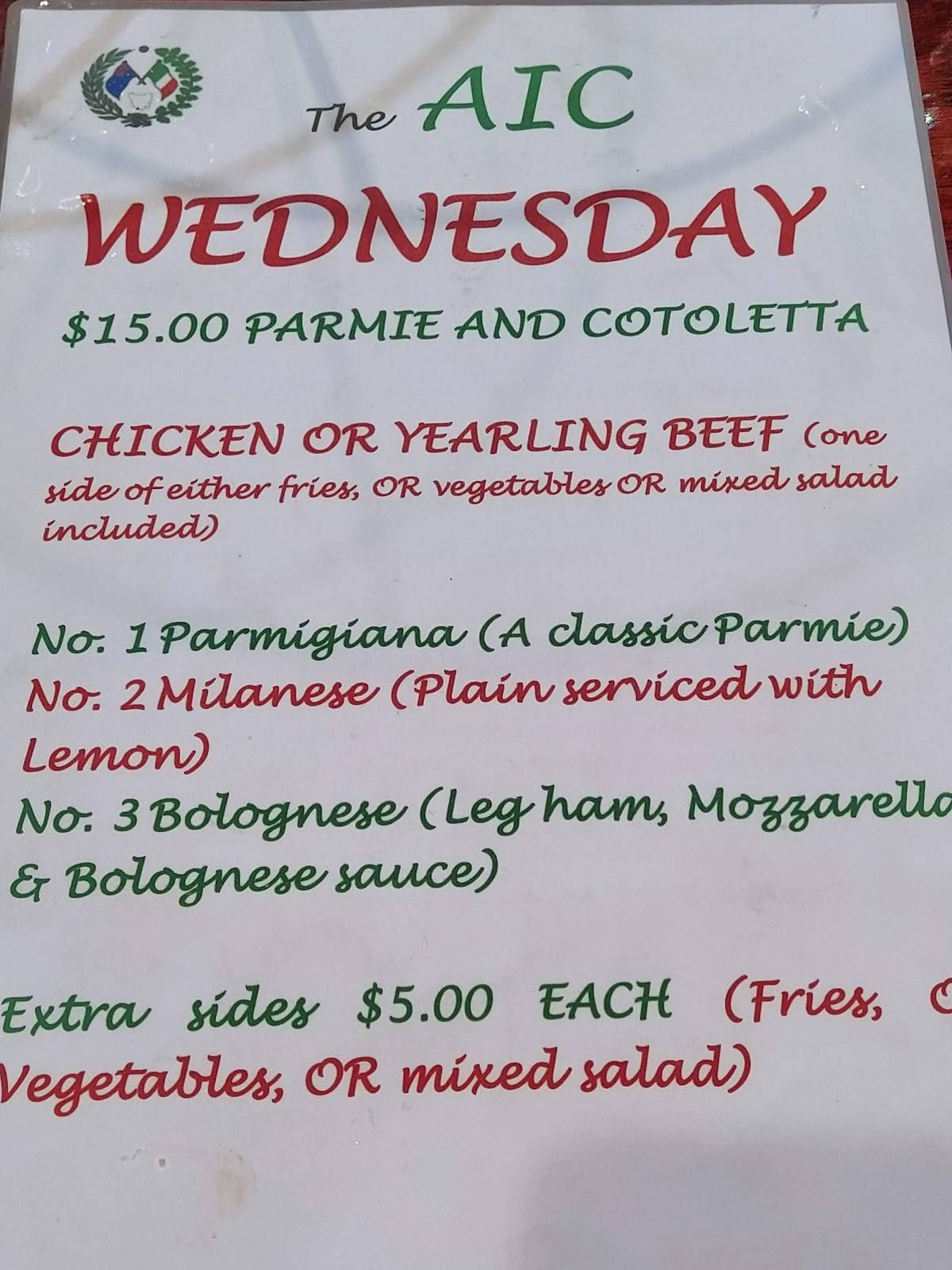 Menu at Australian Italian Club of Hobart, North Hobart