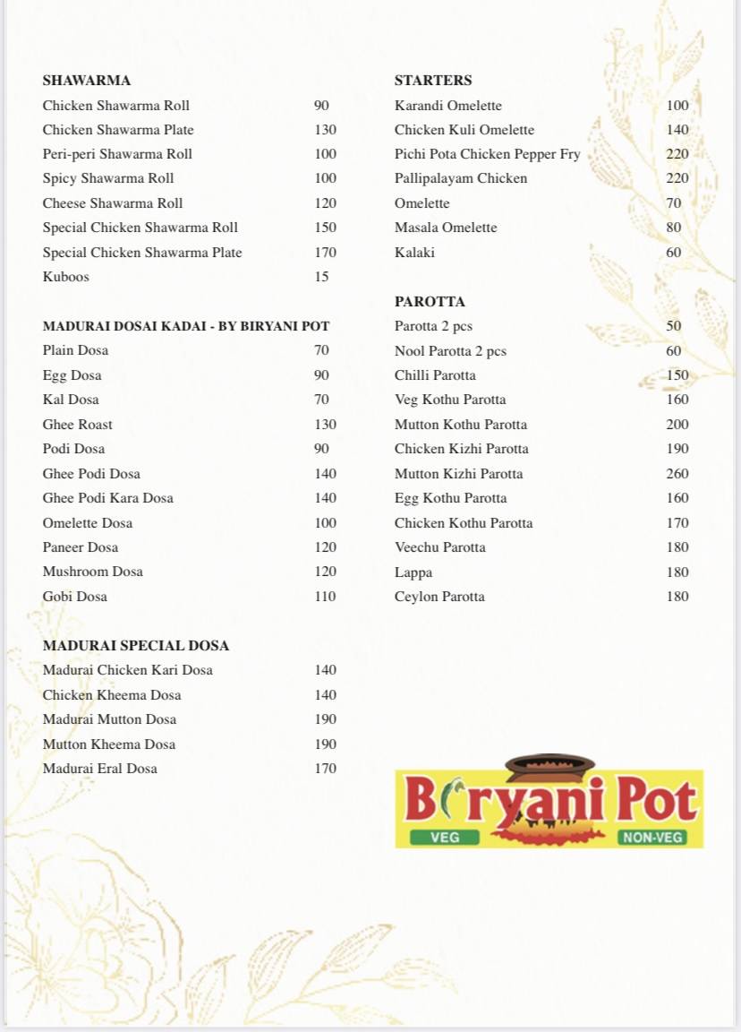 Menu at BIRYANI POT RESTAURANT, Puducherry, WRPG+82F