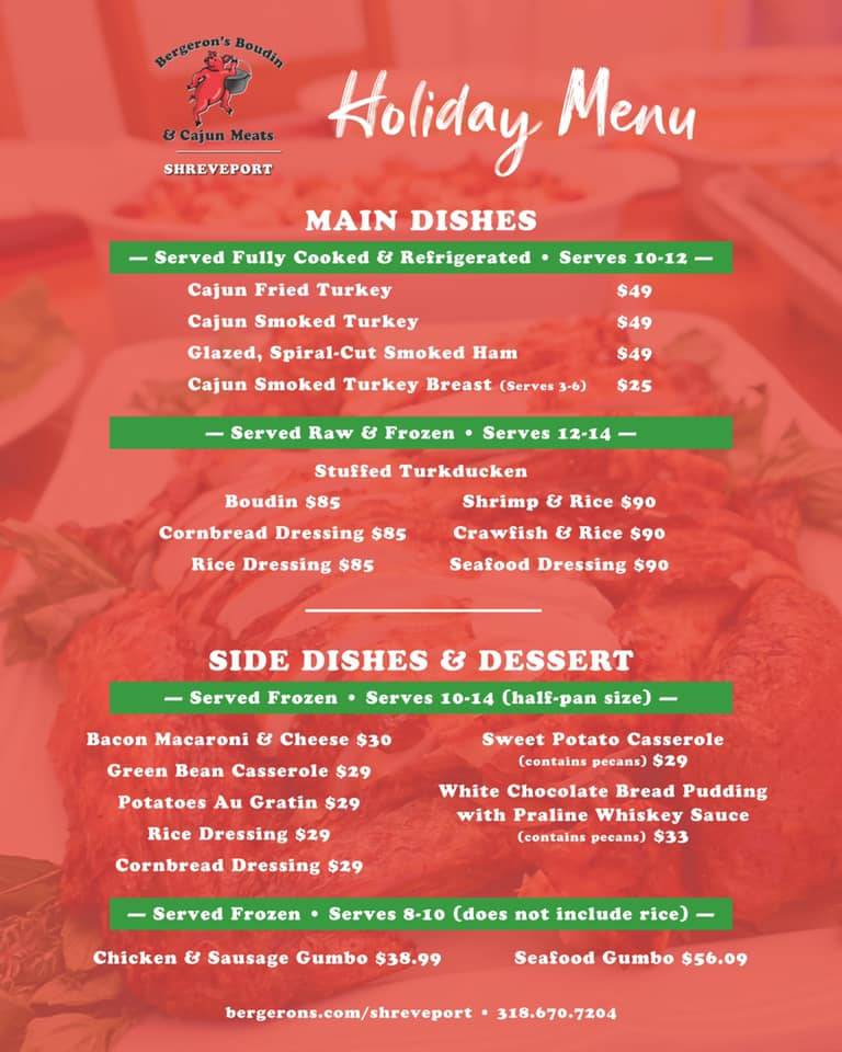 Menu at Bergeron's Boudin & Cajun Meats restaurant, Shreveport