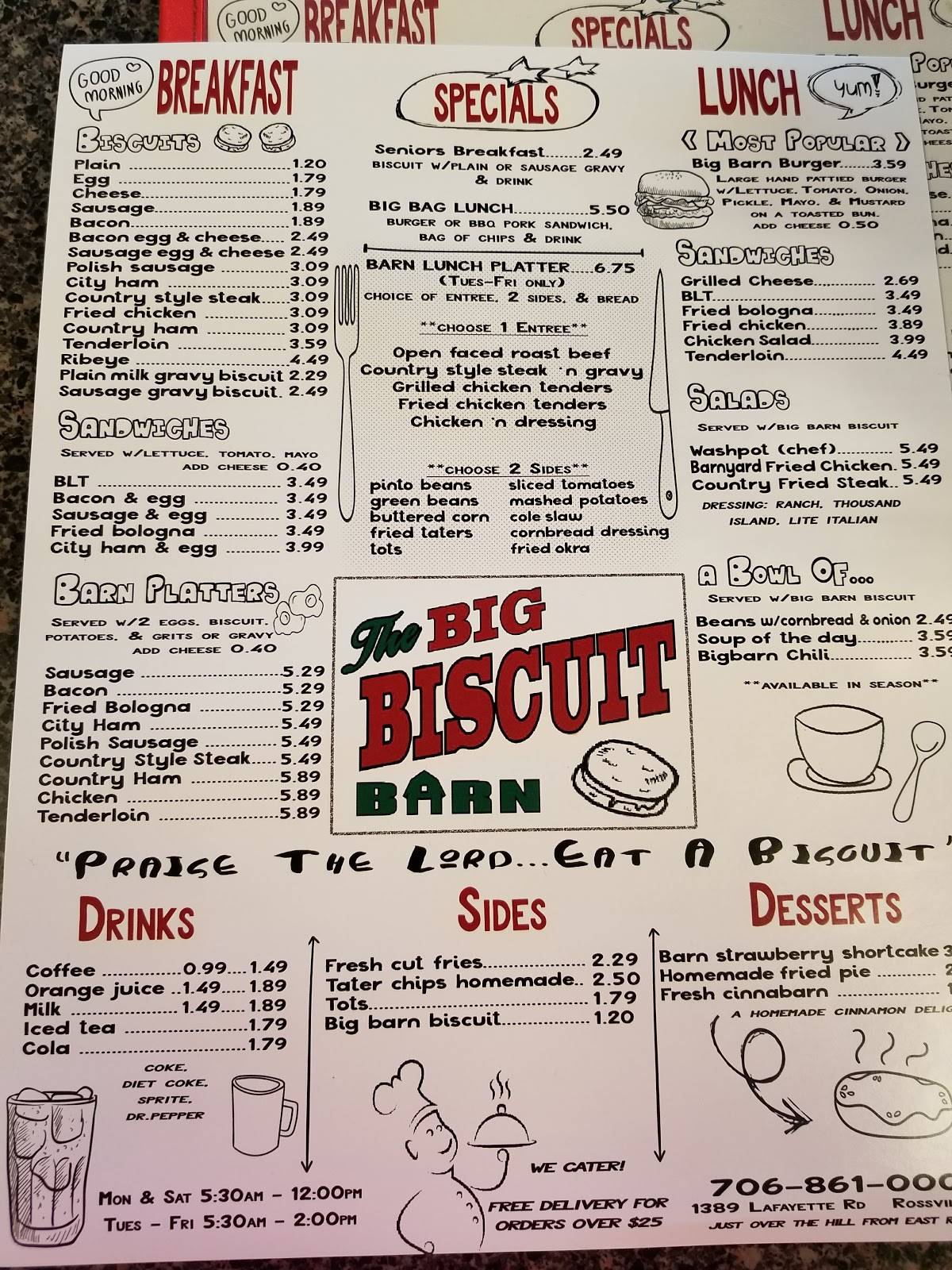 Menu at Big Biscuit Barn, Rossville