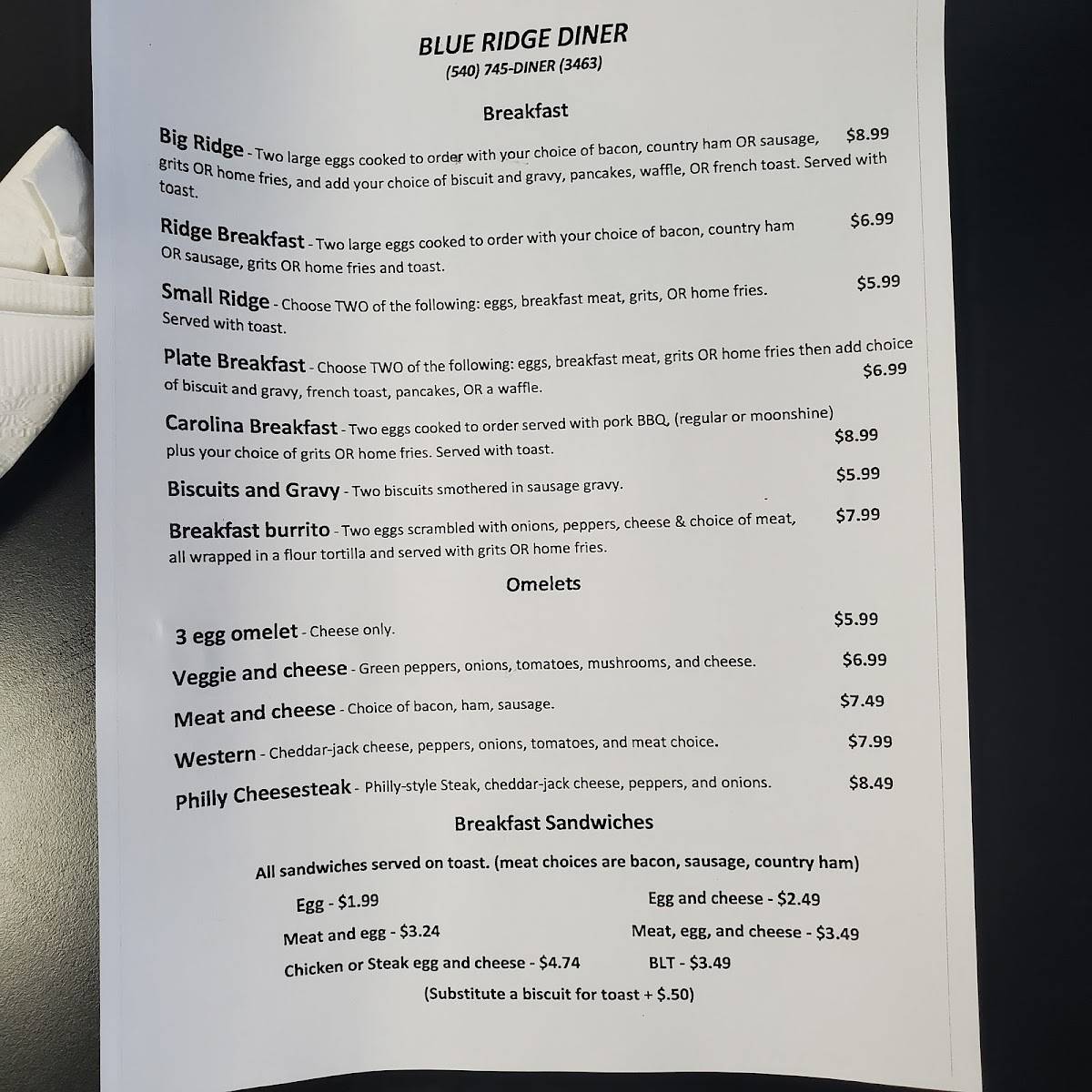 Menu at Blue Ridge Diner cafe, Floyd, 113 E Main St