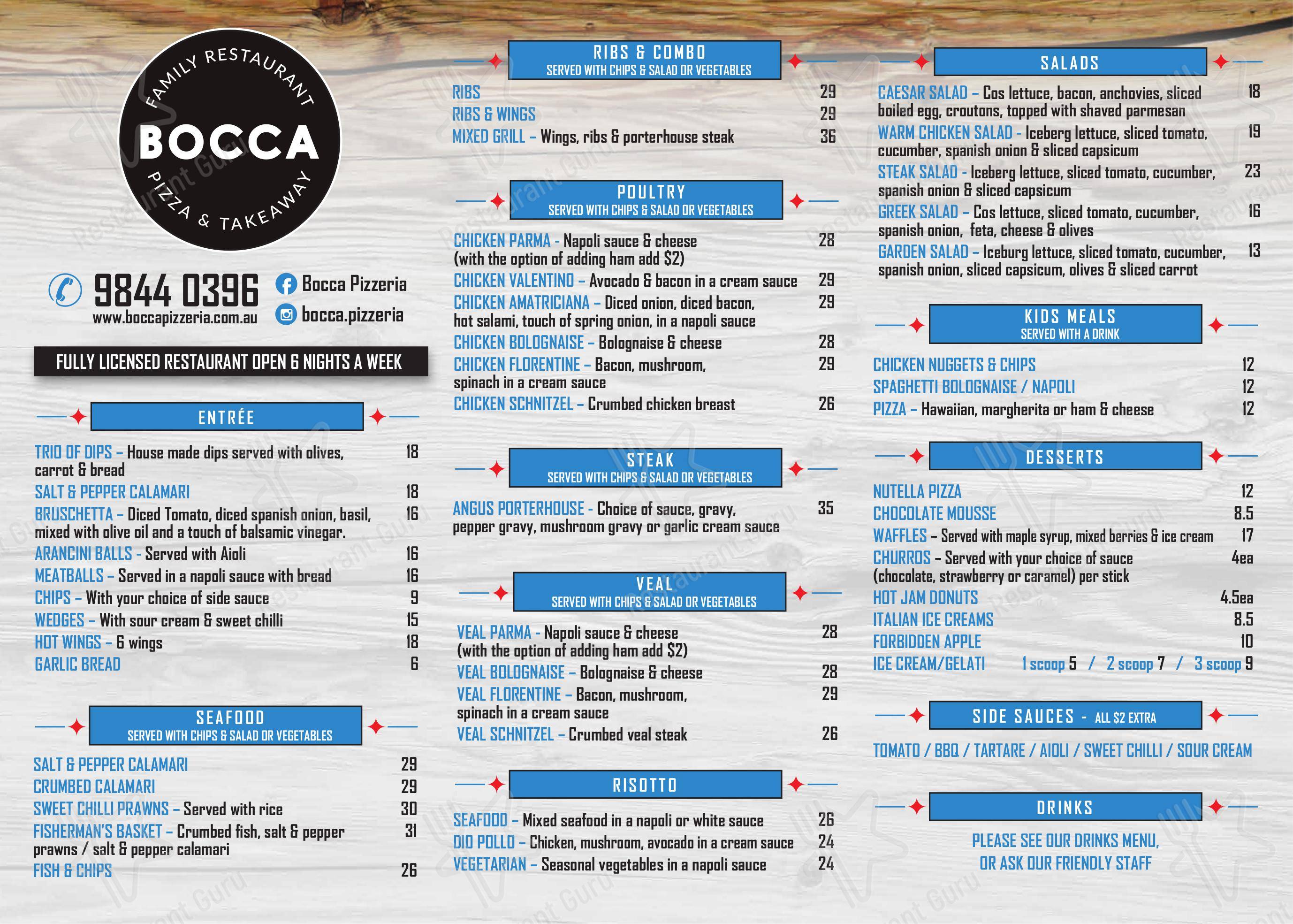 Carta de Bocca Family Pizza Restaurant, Warrandyte
