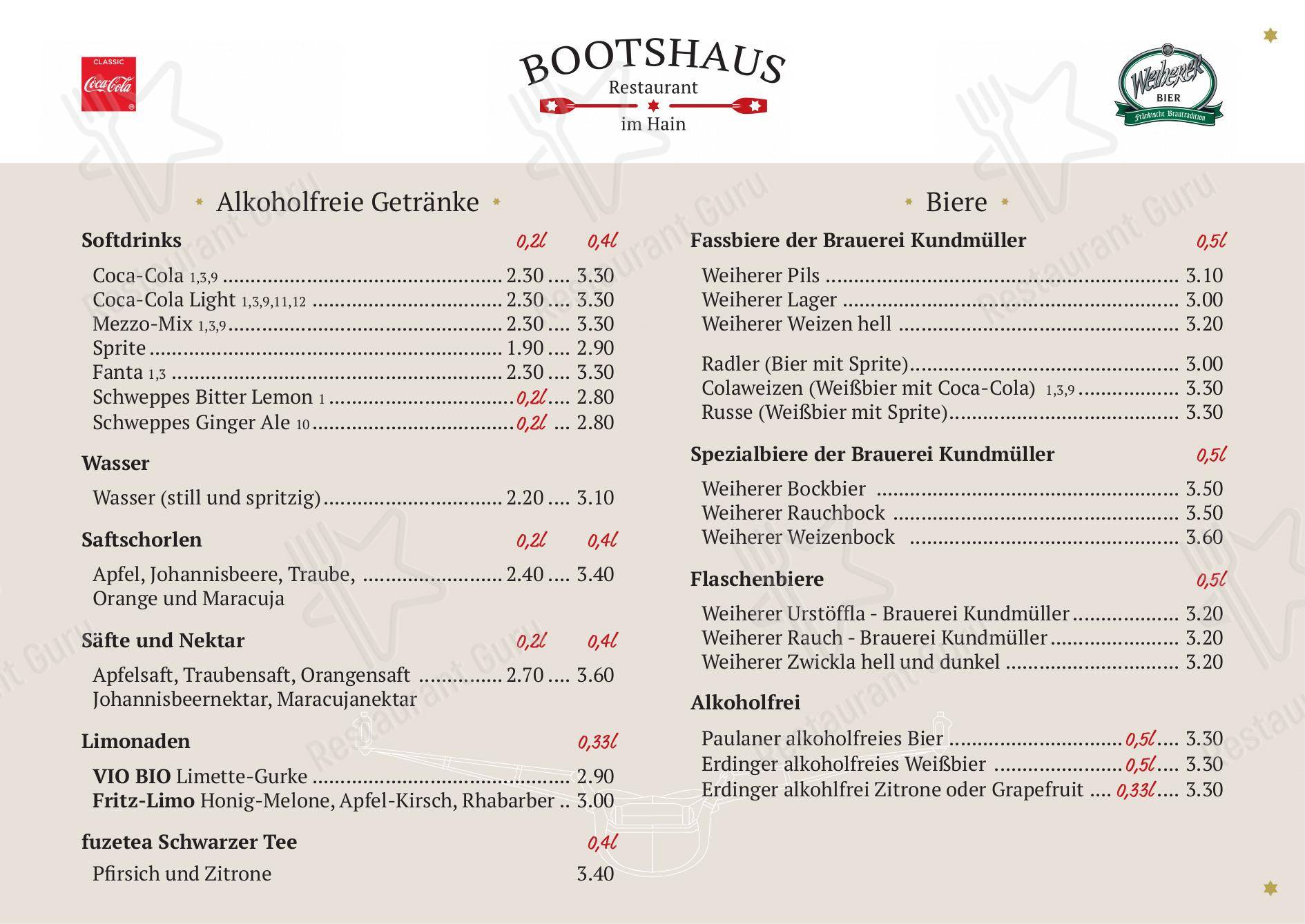 Speisekarte von Bootshaus Restaurant im Hain, Bamberg