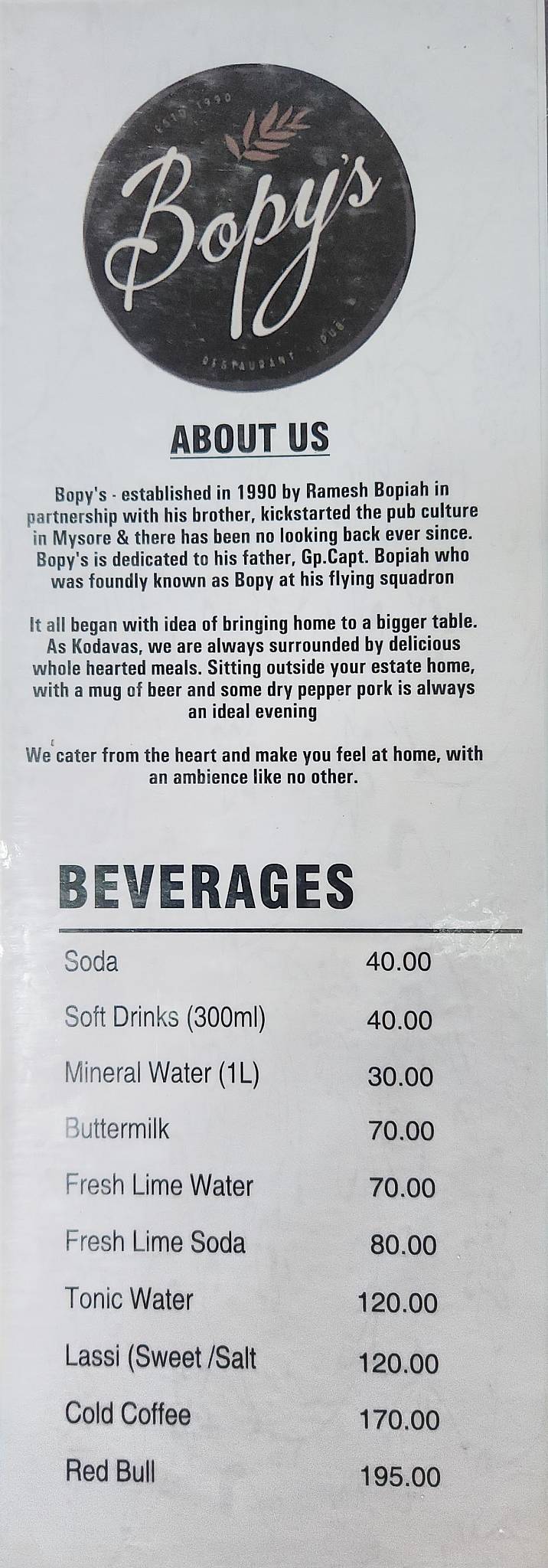 Menu at Bopy's Restaurant Bar & Pub, Mysuru, next to Aishwarya petrol bunk