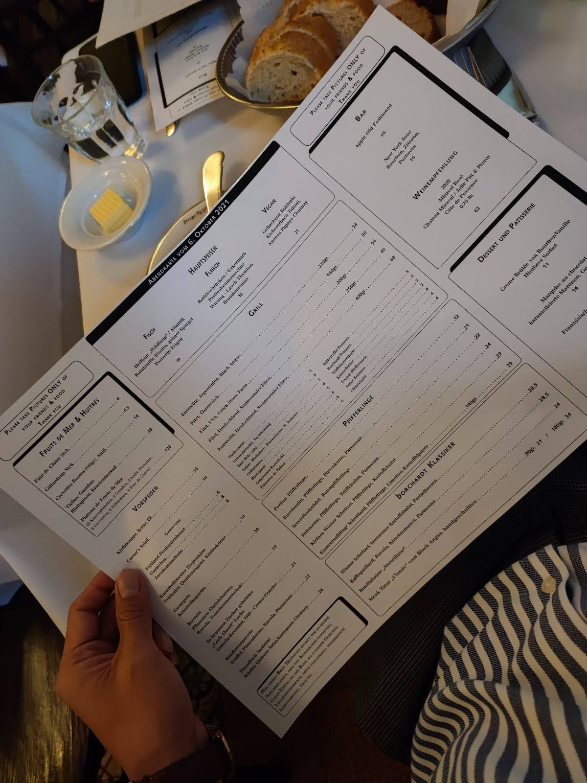 Menu at Borchardt restaurant, Berlin
