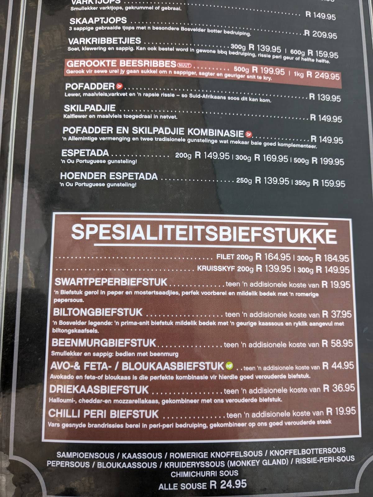 Menu at Bosvelder Pub & Restaurant, Centurion