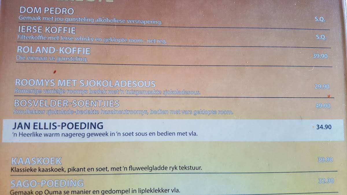 Menu at Bosvelder Pub & Restaurant, Centurion