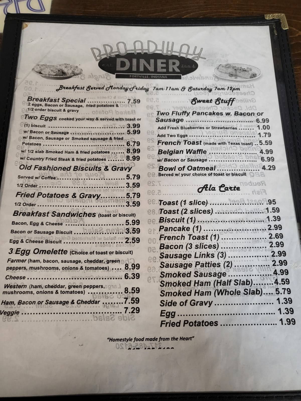 Menu at Broadway Diner restaurant, Fortville, 426 E Broadway St