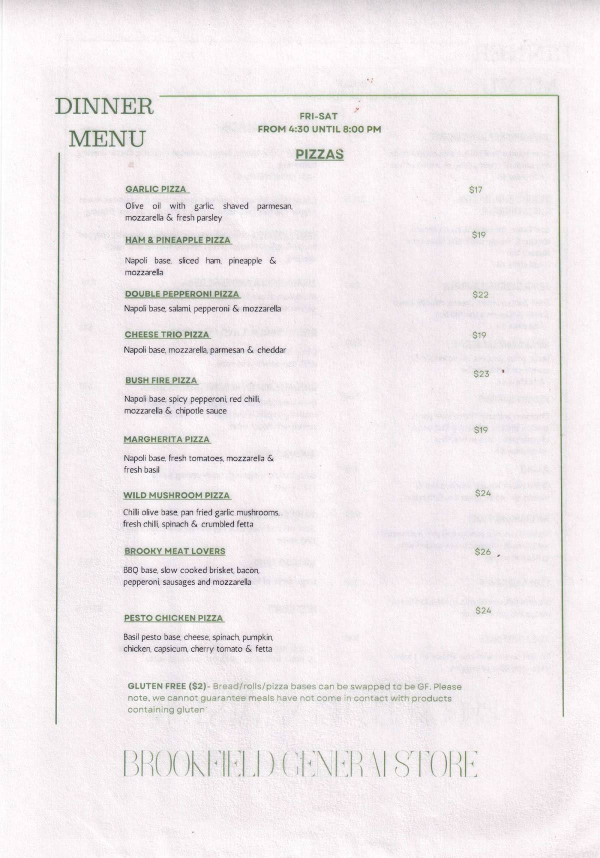 Menu at Brookfield General Store restaurant, Brookfield