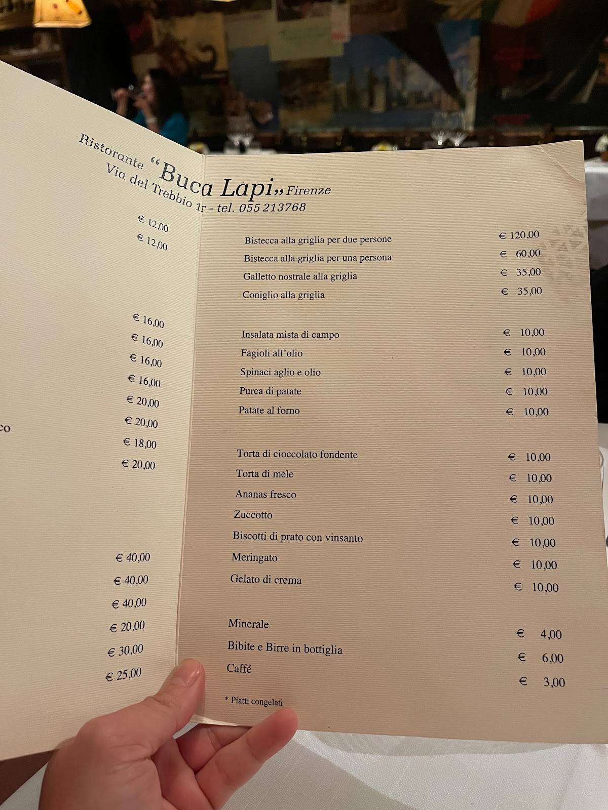 Menu at Buca Lapi restaurant, Florence