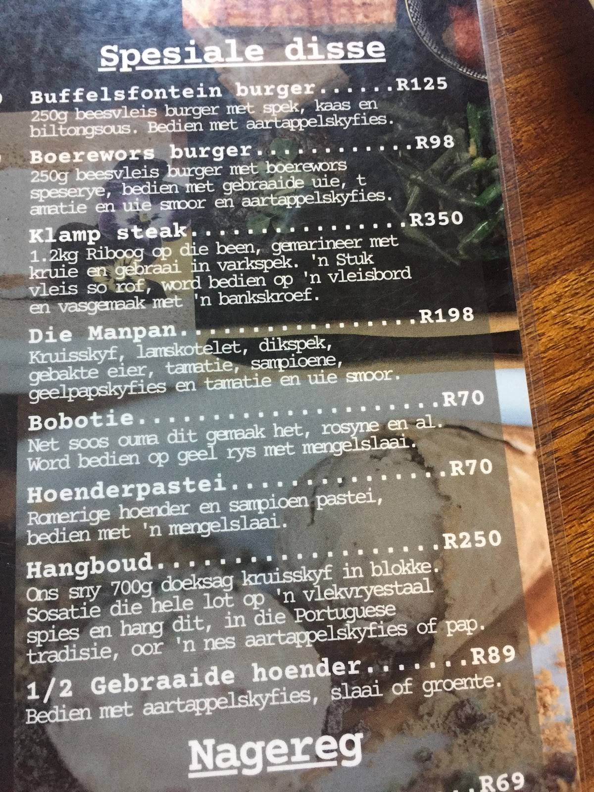 Menu at Buffelsfontein Beesboerdery restaurant, Pretoria