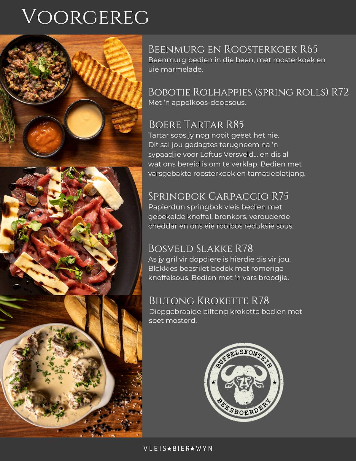 Menu at Buffelsfontein Beesboerdery restaurant, Pretoria