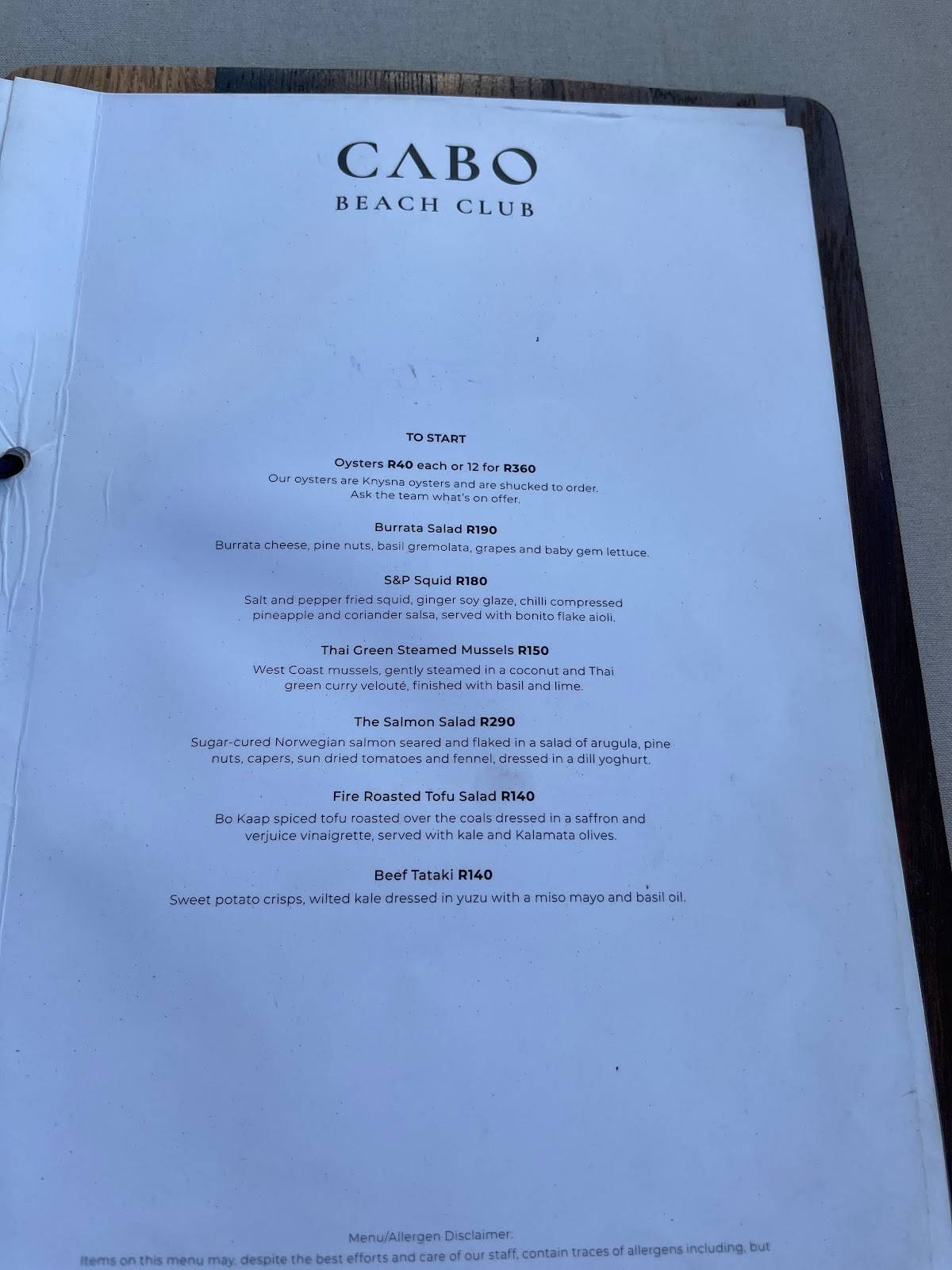 Menu at Cabo Beach restaurant, Cape Town