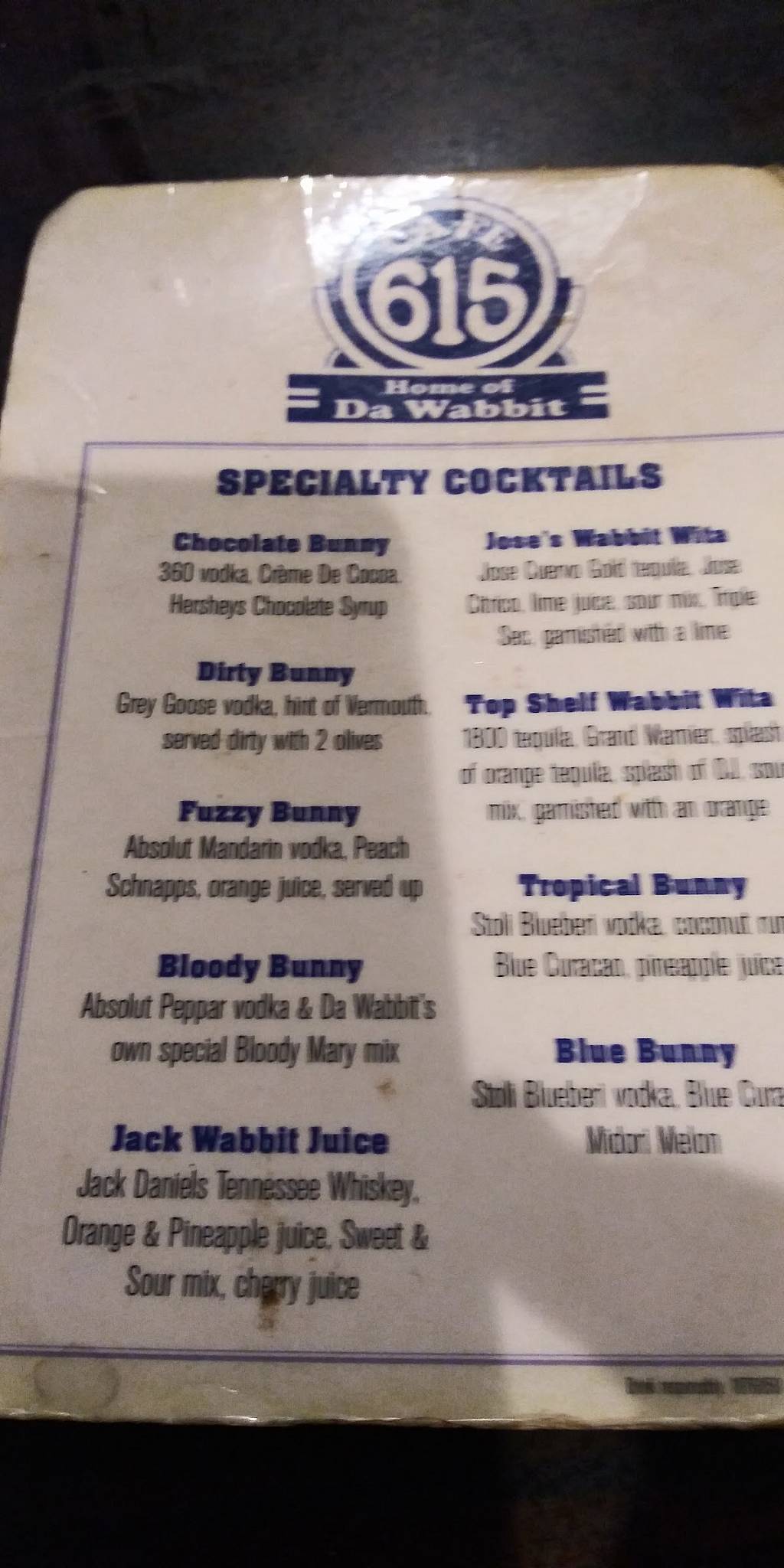 Menu at Cafe 615 (Home of Da Wabbitt), Gretna