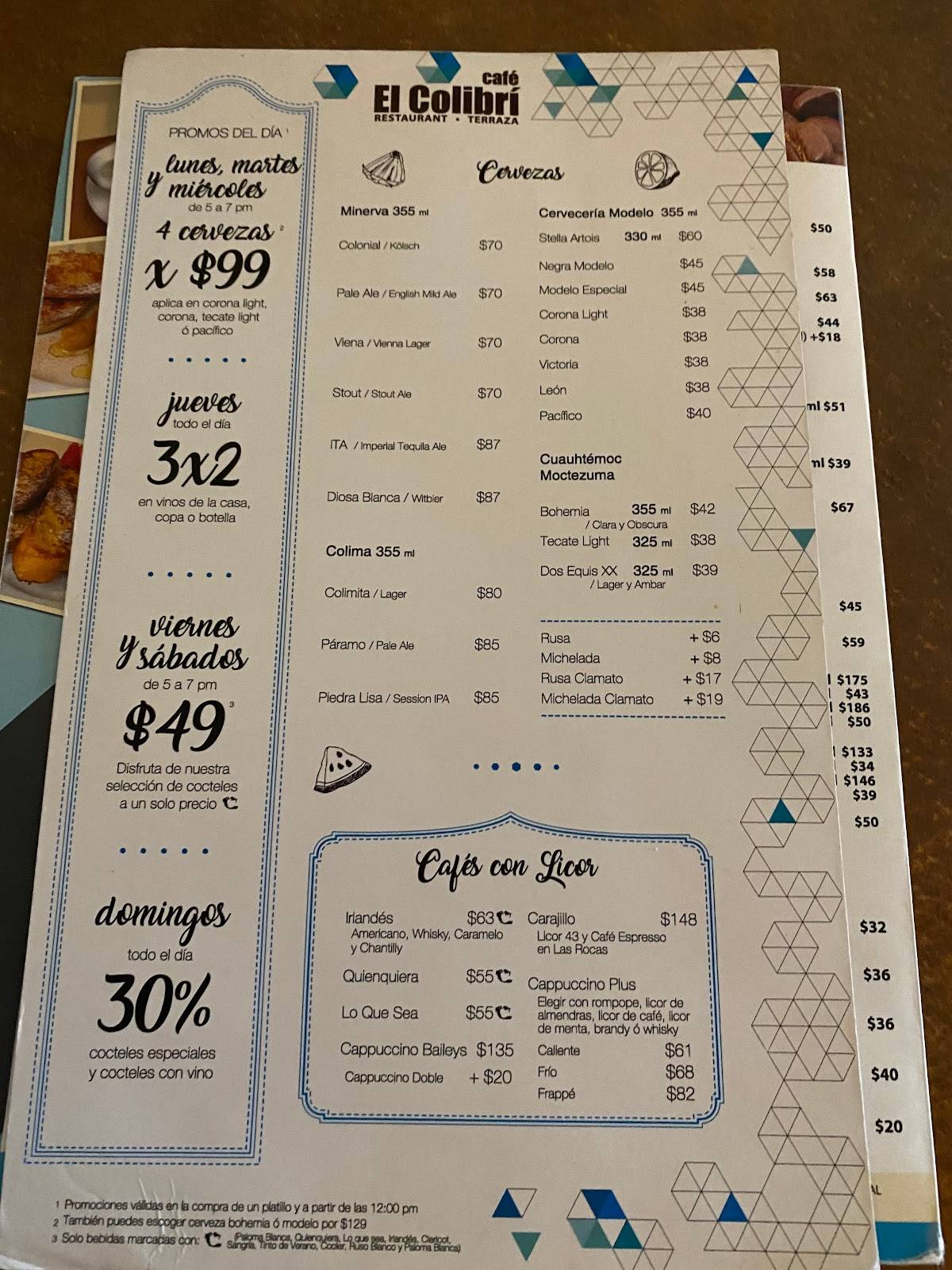 Carta de Café El Colibrí, Zapopan, Av. de Las Fuentes 68