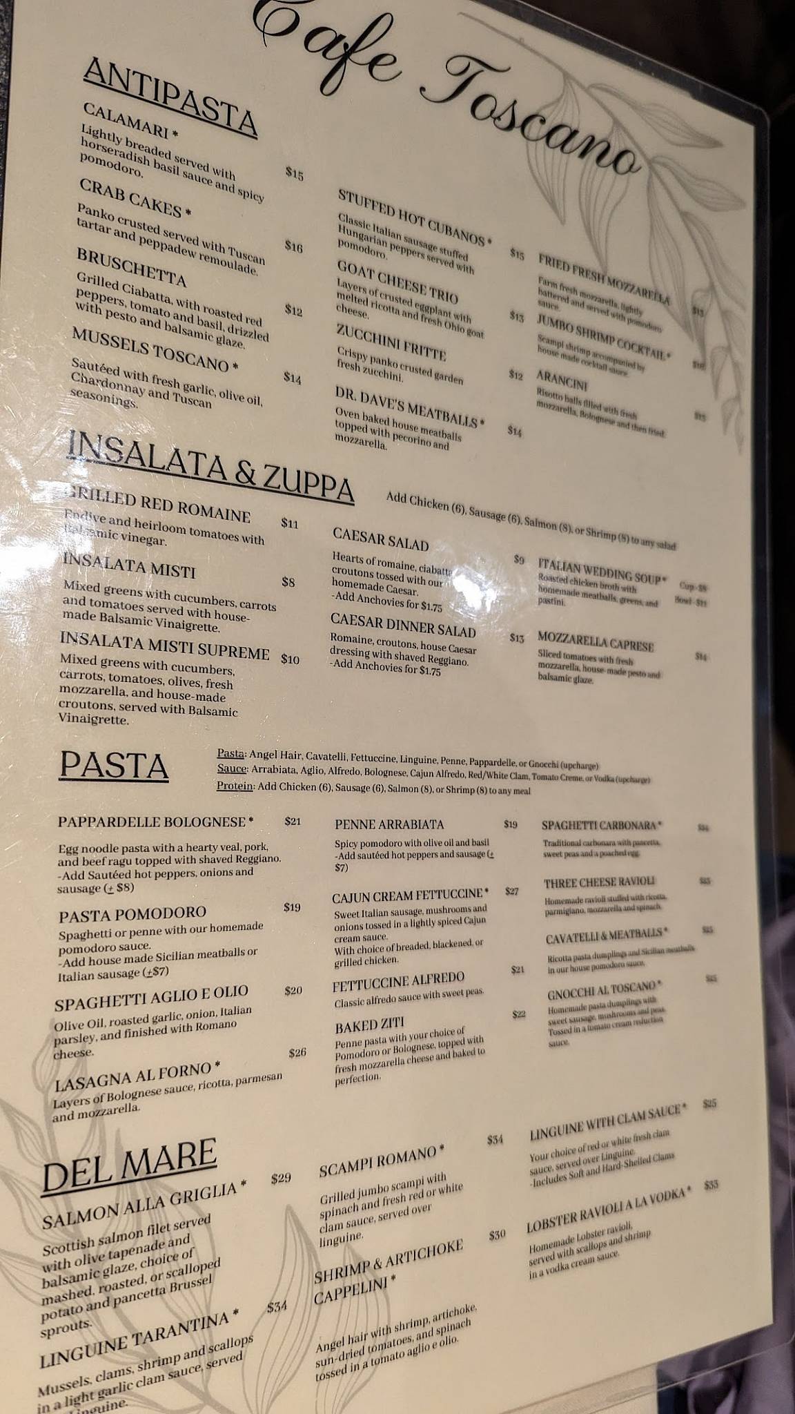 Menu at Cafe Toscano, Aurora