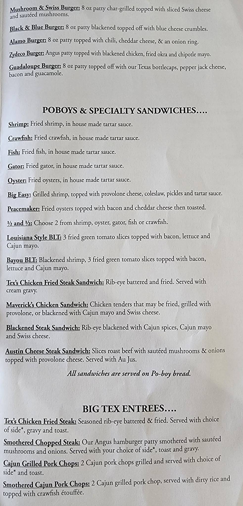 Menu at Cajun Tex Marshall restaurant, Marshall, 104 W Grand Ave