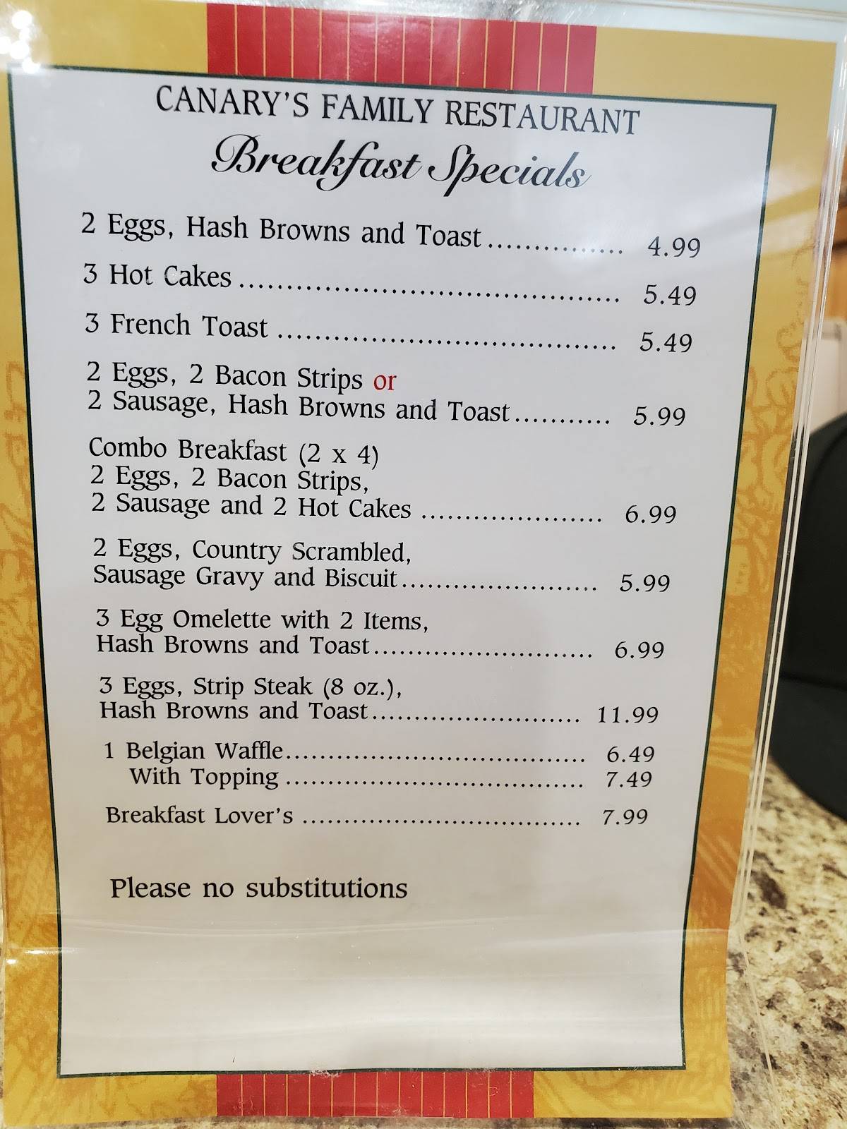 Menu at Canary's Family Restaurant, North Olmsted