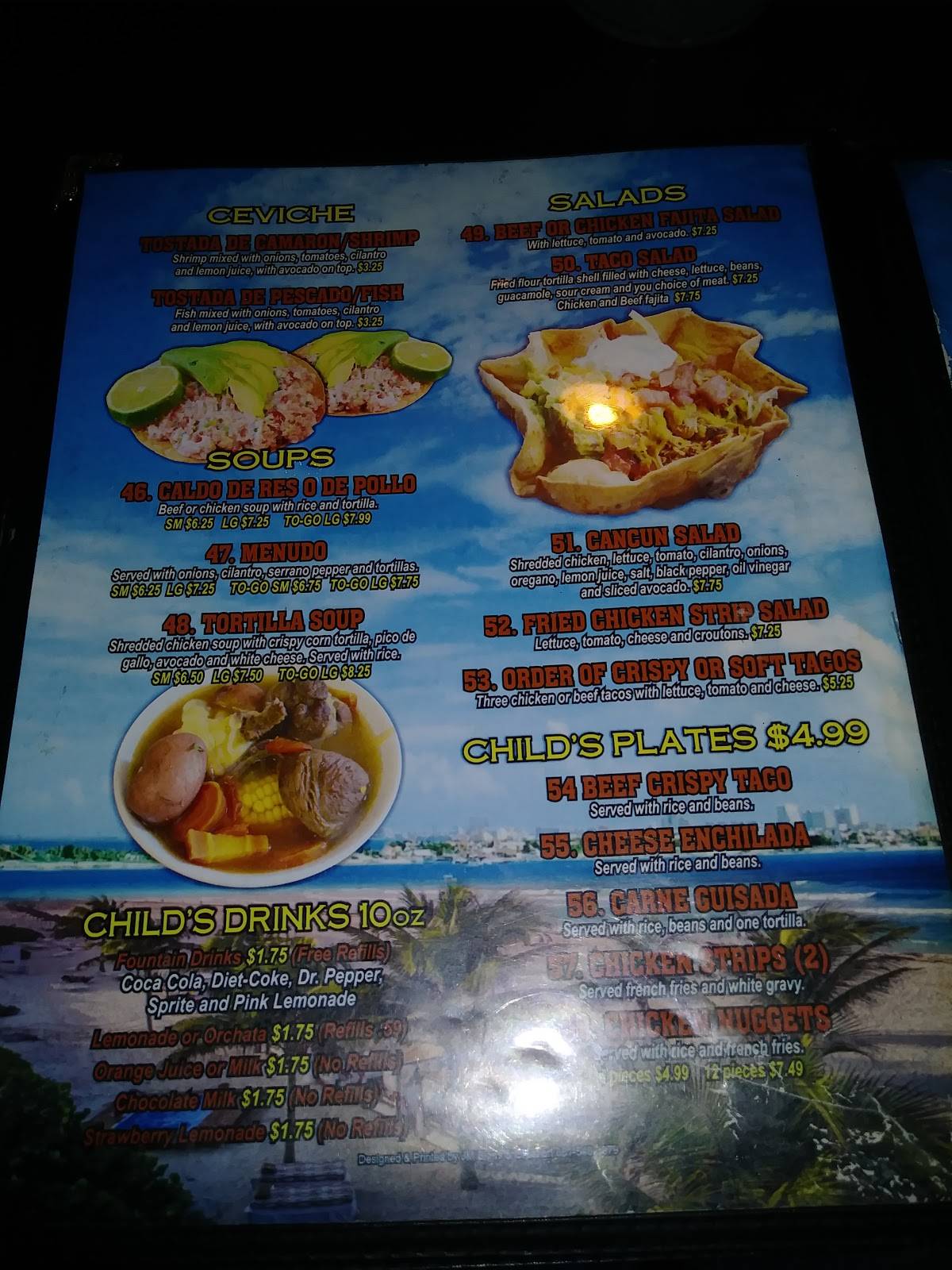 Menu at Cancun restaurant, Corpus Christi, S Alameda St
