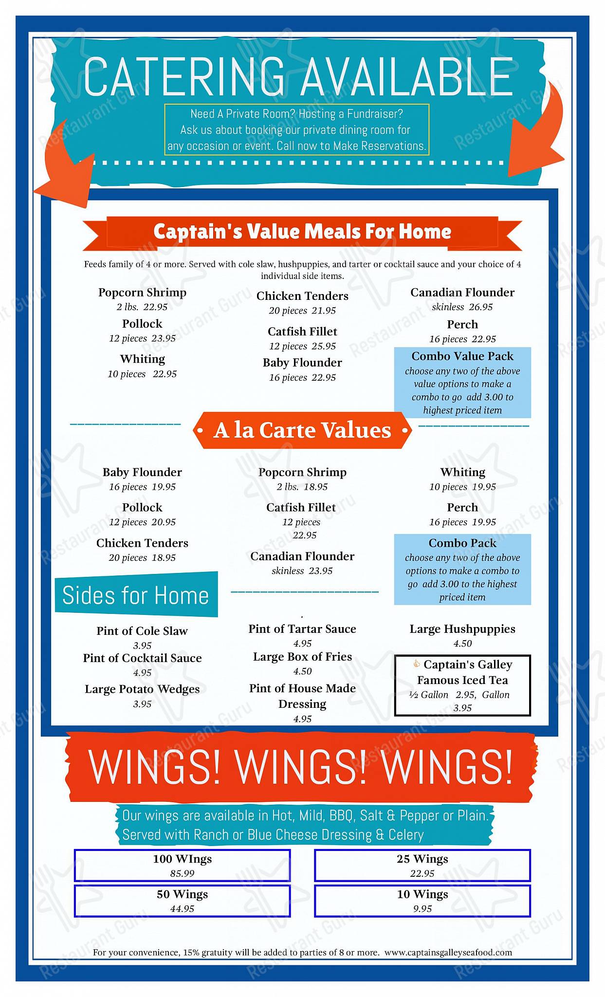 Menu at Captain's Galley Seafood restaurant, Granite Falls, Hickory Blvd