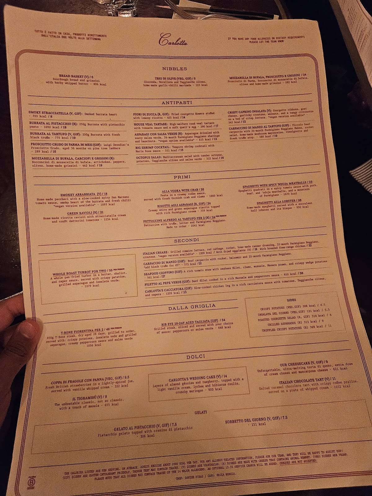 Menu at Carlotta restaurant, London