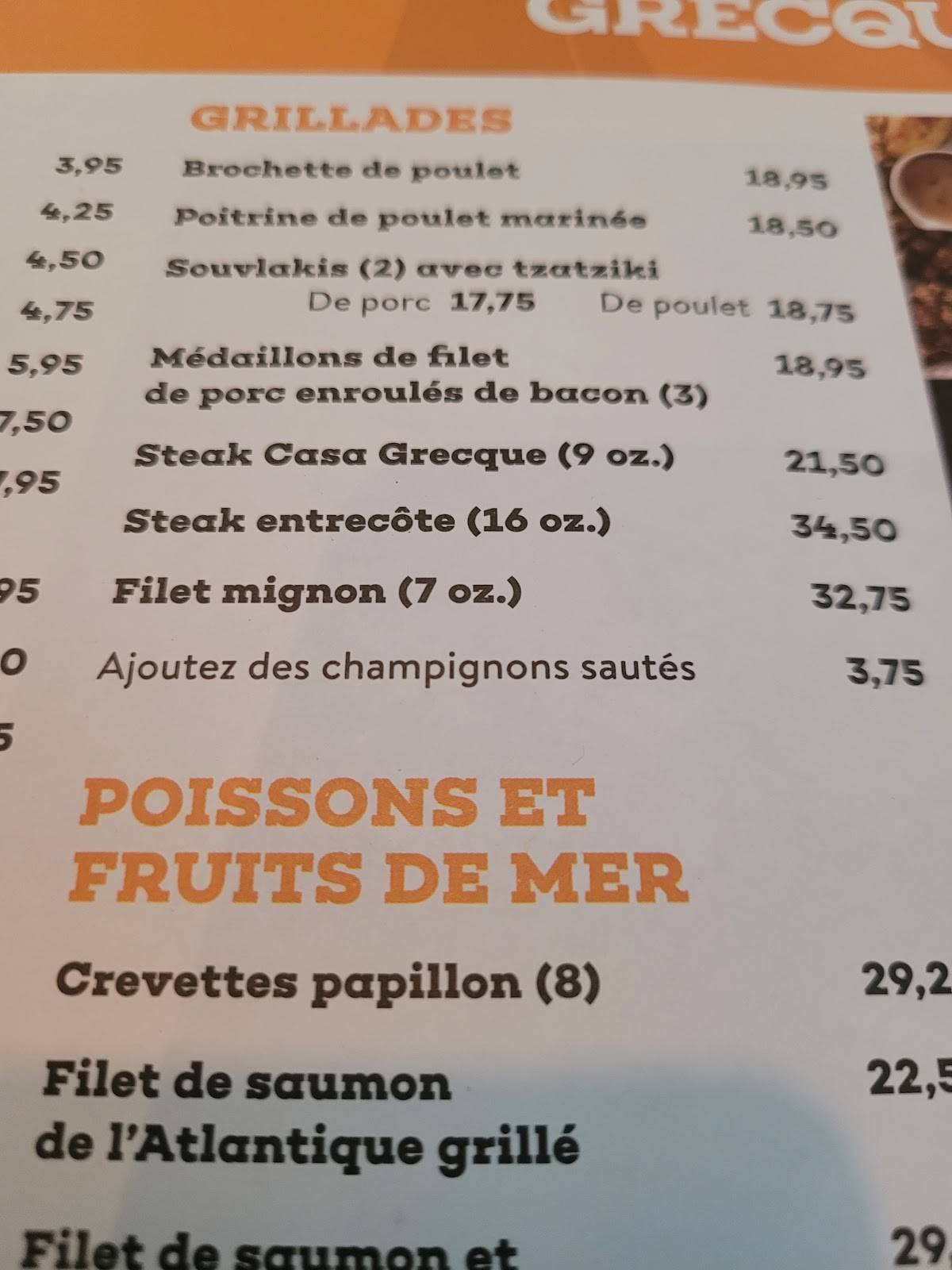 Menu au Casa Grecque restaurant, Saint-Jérôme