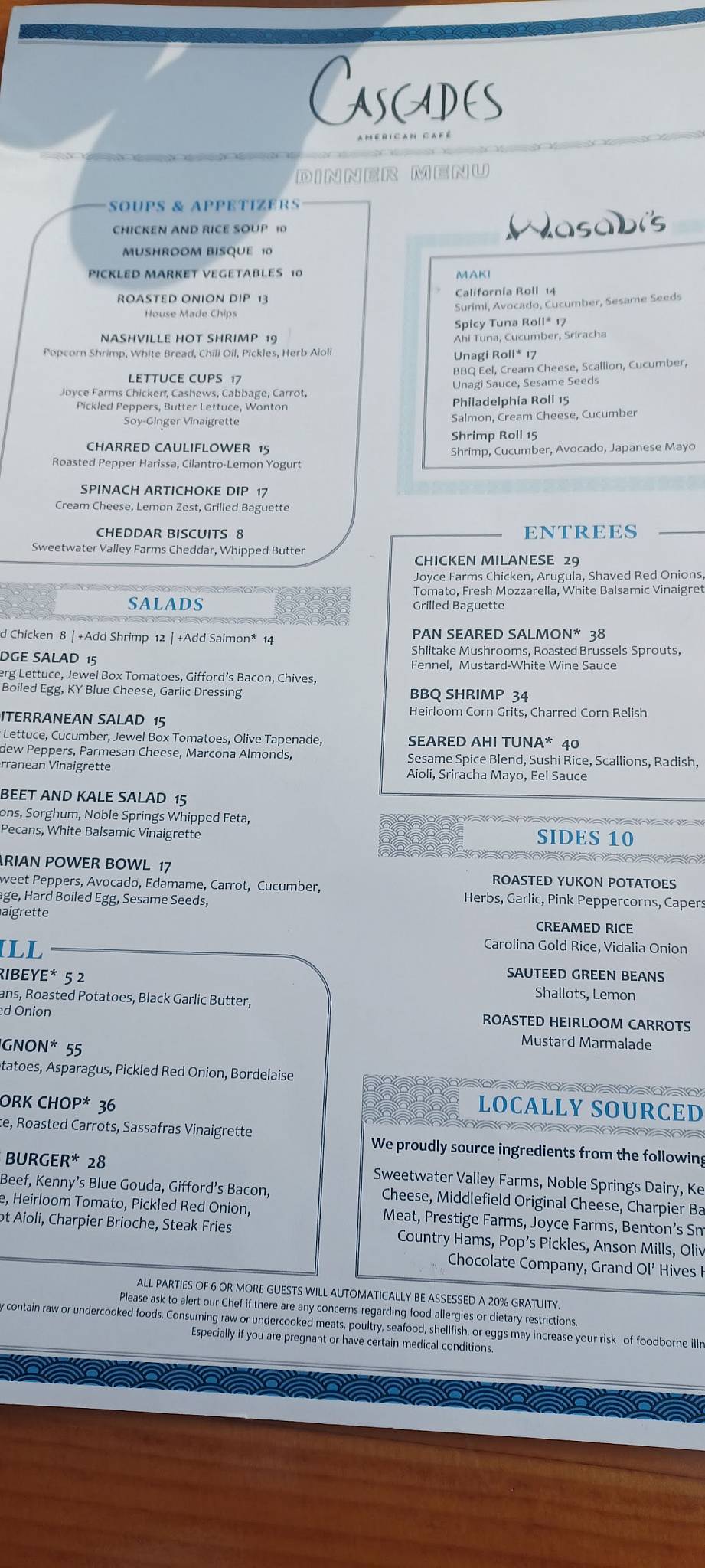 Menu at Cascades American Cafe, Nashville