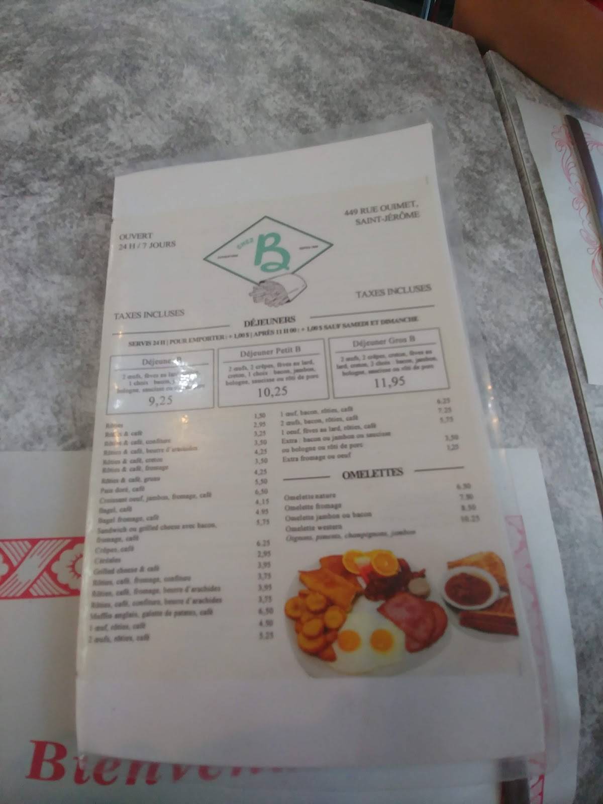 Menu au Resto Chez B restaurant, Saint-Jérôme