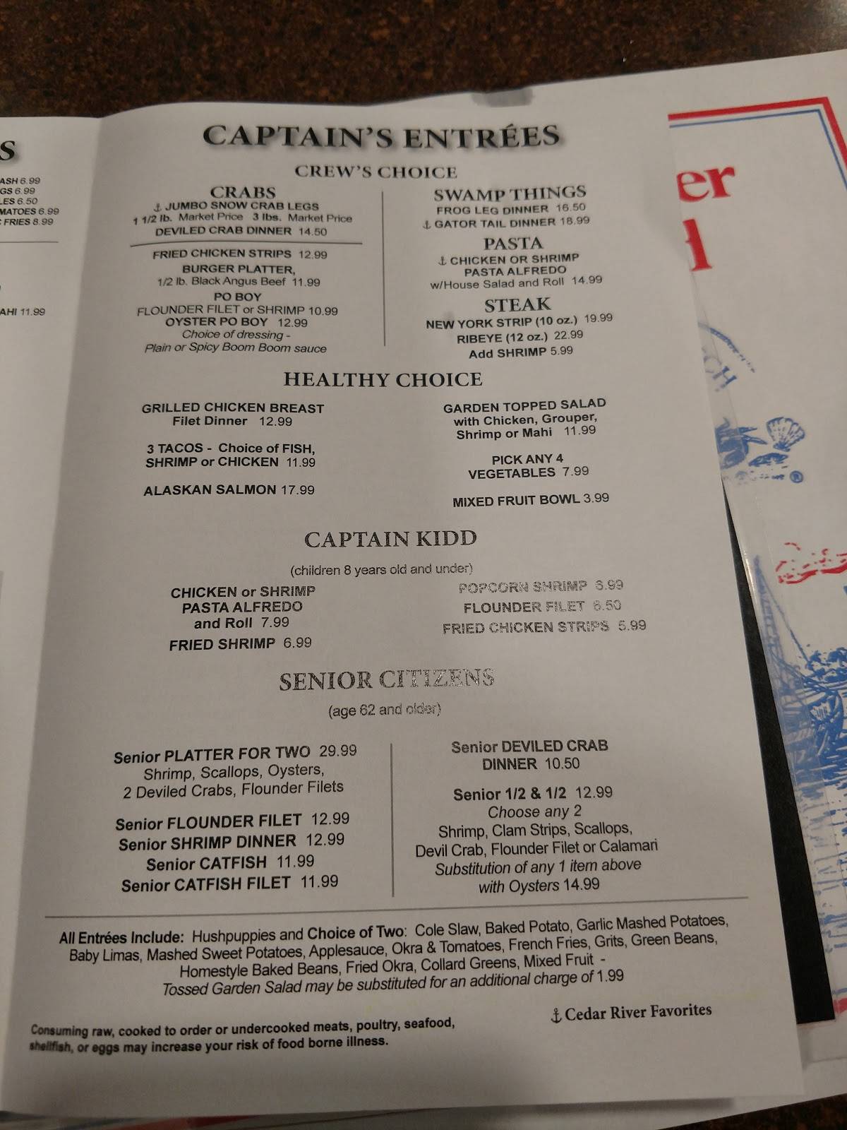 Menu at Cedar River Seafood restaurant, Fernandina Beach, Sadler Rd