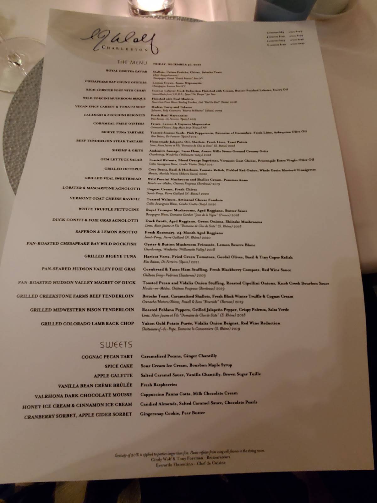Menu at Charleston restaurant, Baltimore