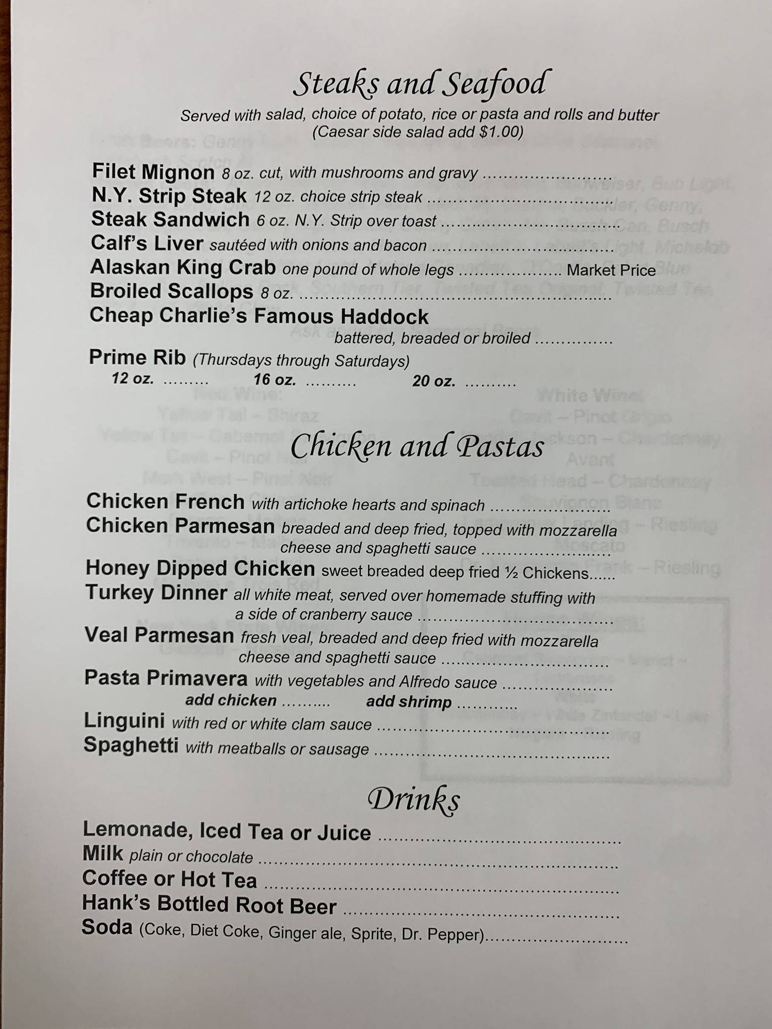 Menu at Cheap Charlie's Restaurant, Bloomfield