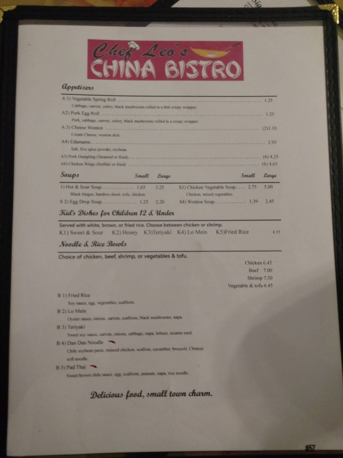 Menu at Chef Leo's China Bistro restaurant, Vidor
