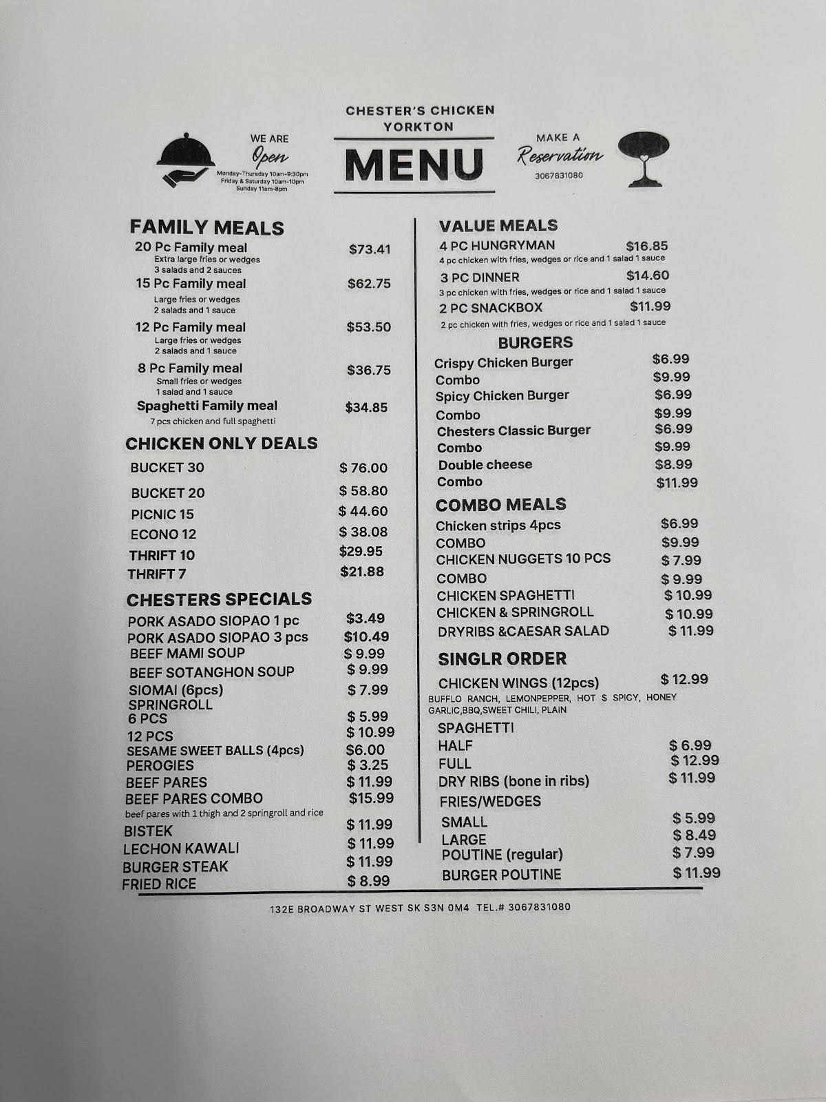 Menu at Chester's Chicken Yorkton restaurant, Yorkton