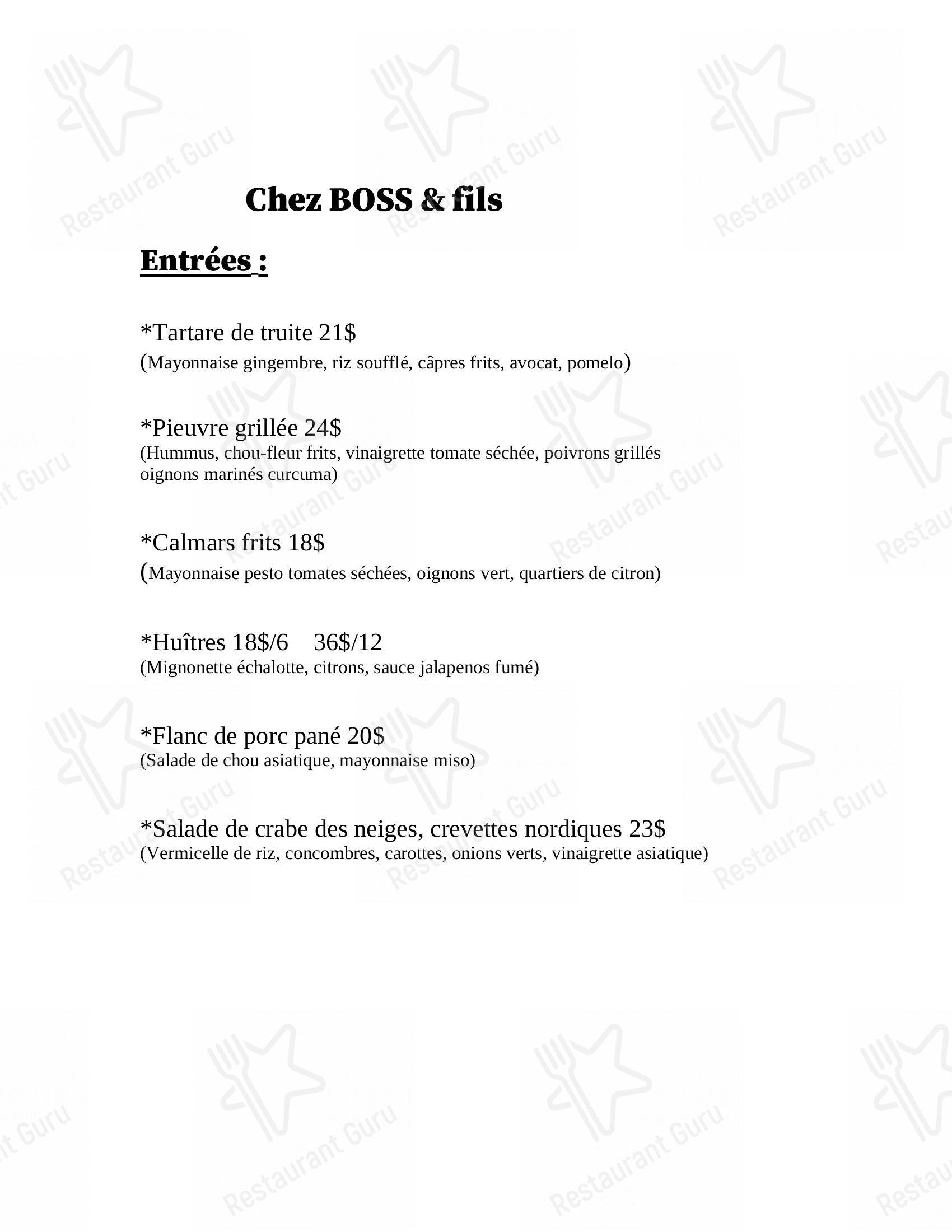 Menu au Chez BOSS & Fils restaurant, Montréal