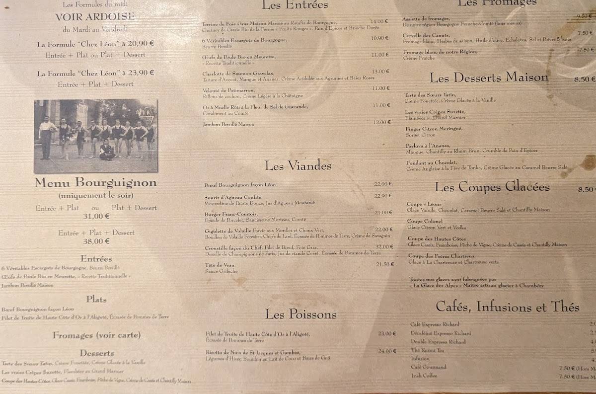 Menu au Chez Léon restaurant, Dijon, 20 Rue des Godrans