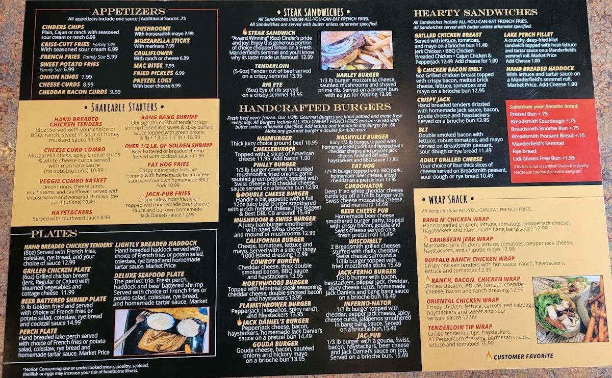 Menu at Cinders Charcoal Grill restaurant, Oshkosh