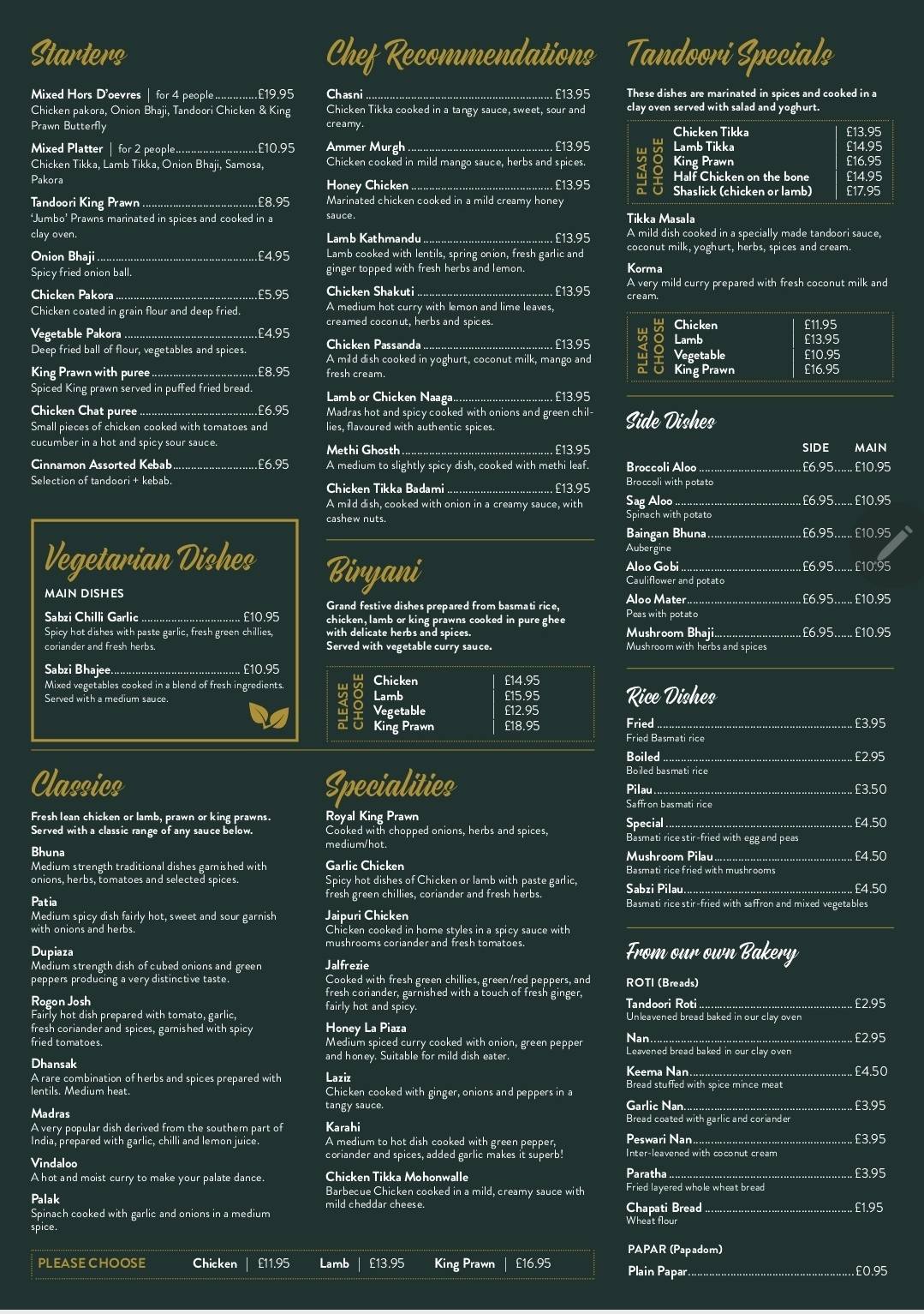 Menu at Cinnamon Restaurant, Inverness