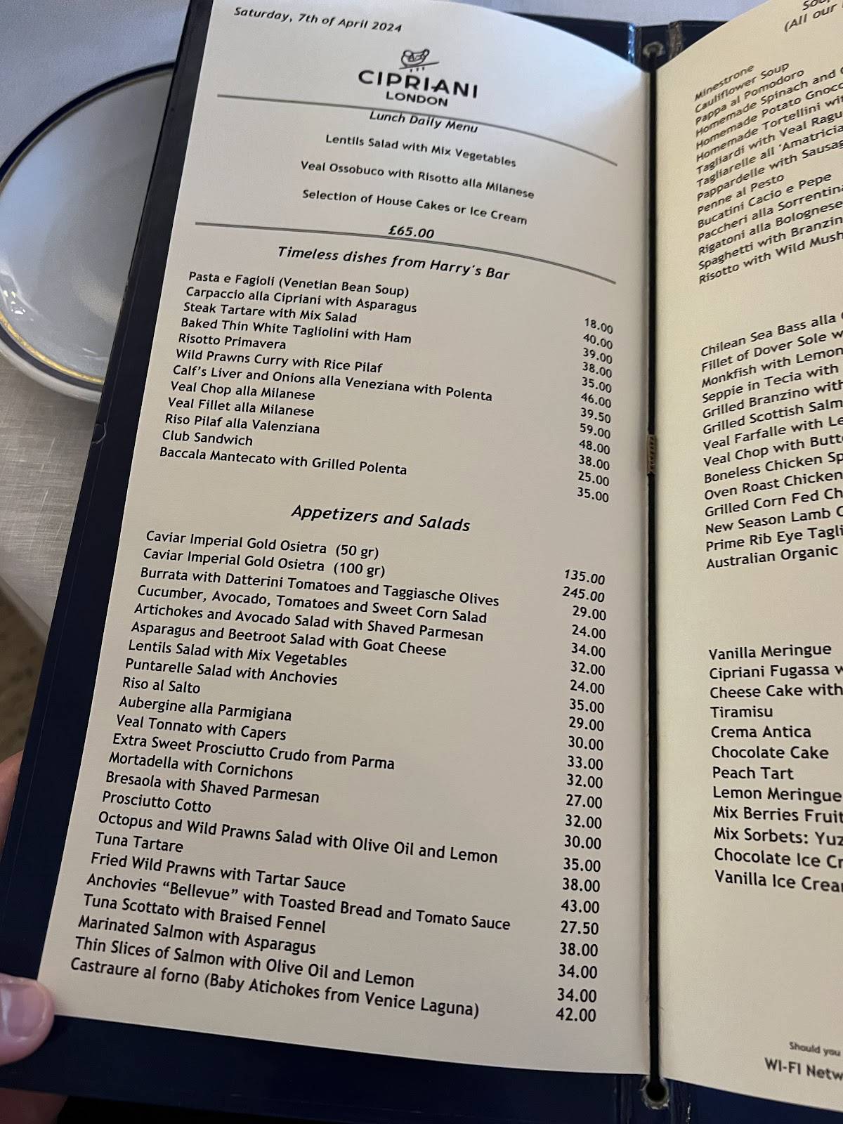 Menu at Cipriani London restaurant, London, 23-25 Davies St