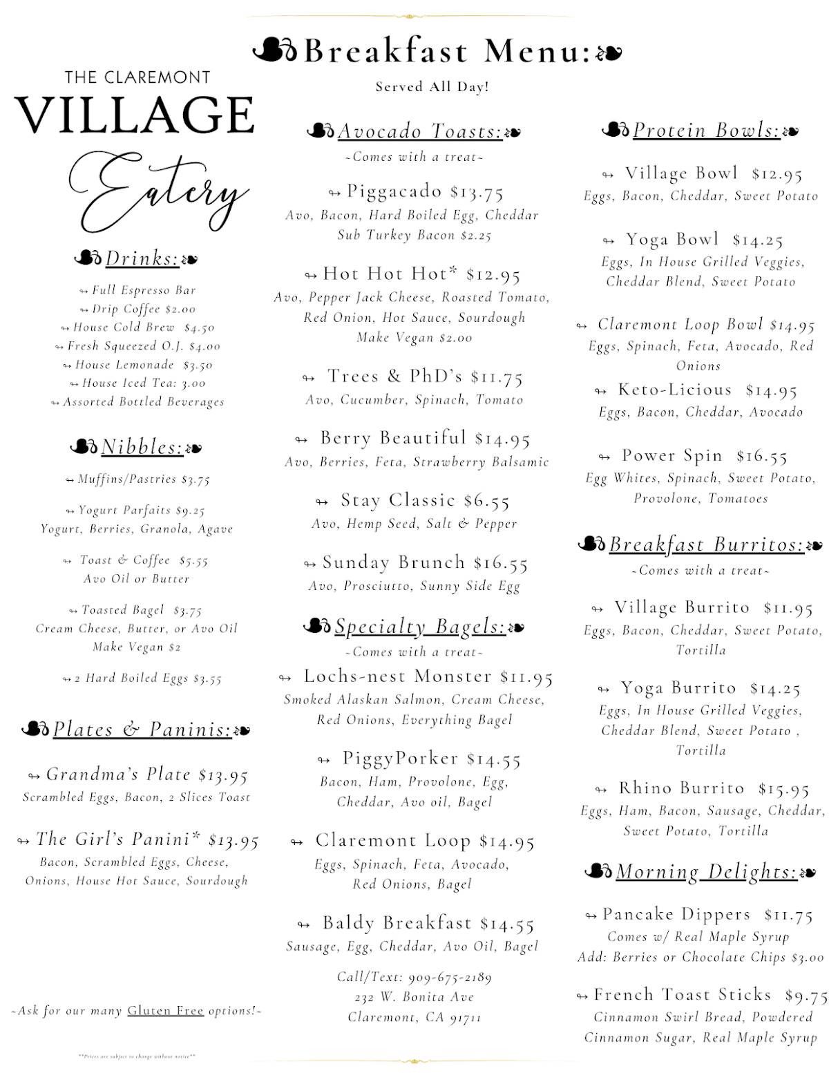 Menu at Claremont Village Eatery restaurant, Claremont