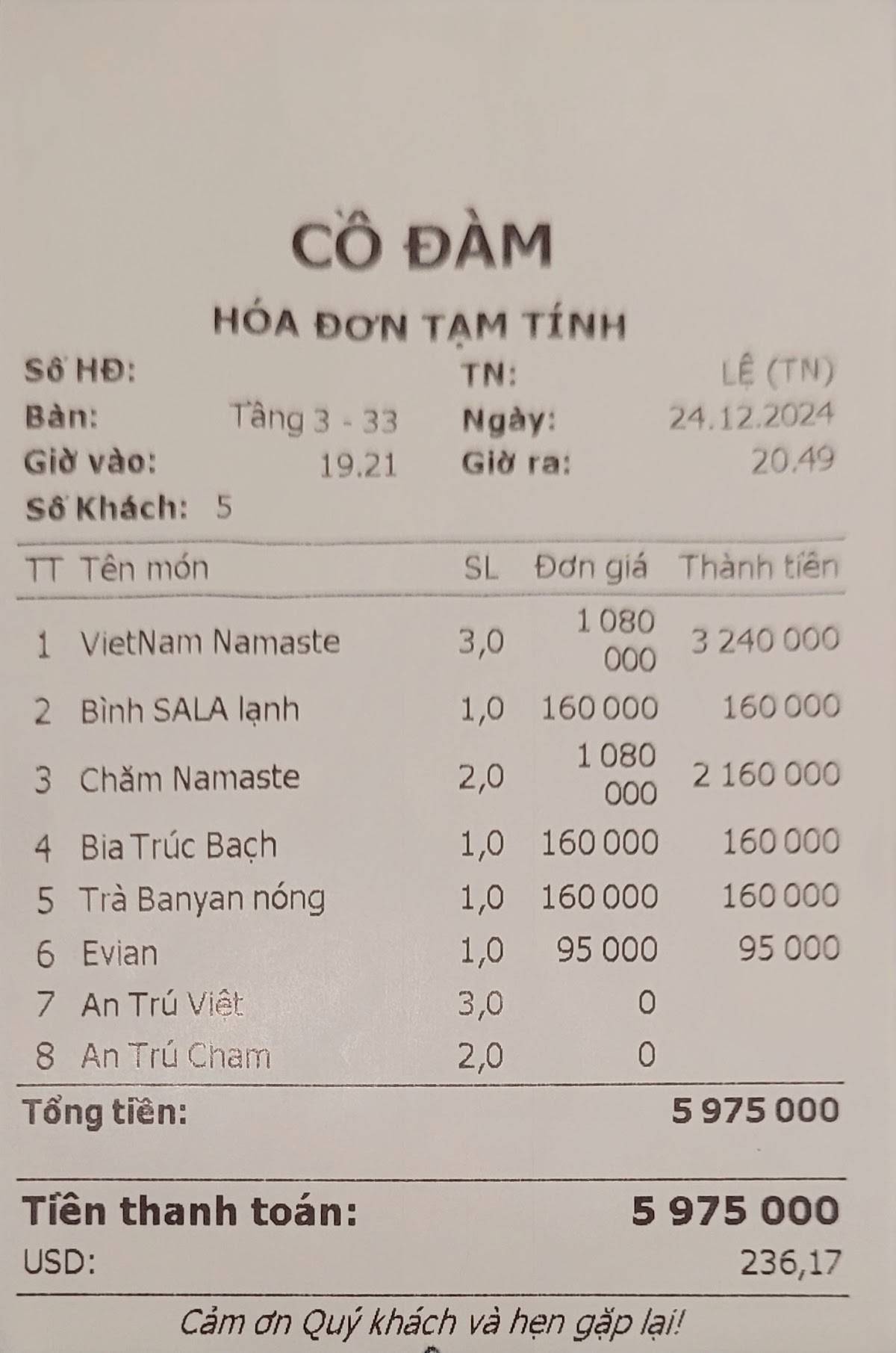 Menu at Cồ Đàm Chay restaurant, Hanoi