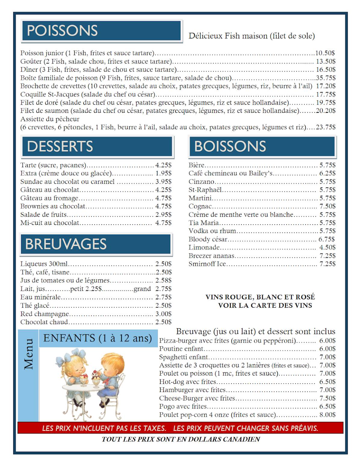 Menu au Restaurant Coco-Rico, Métabetchouan-Lac-à-la-Croix