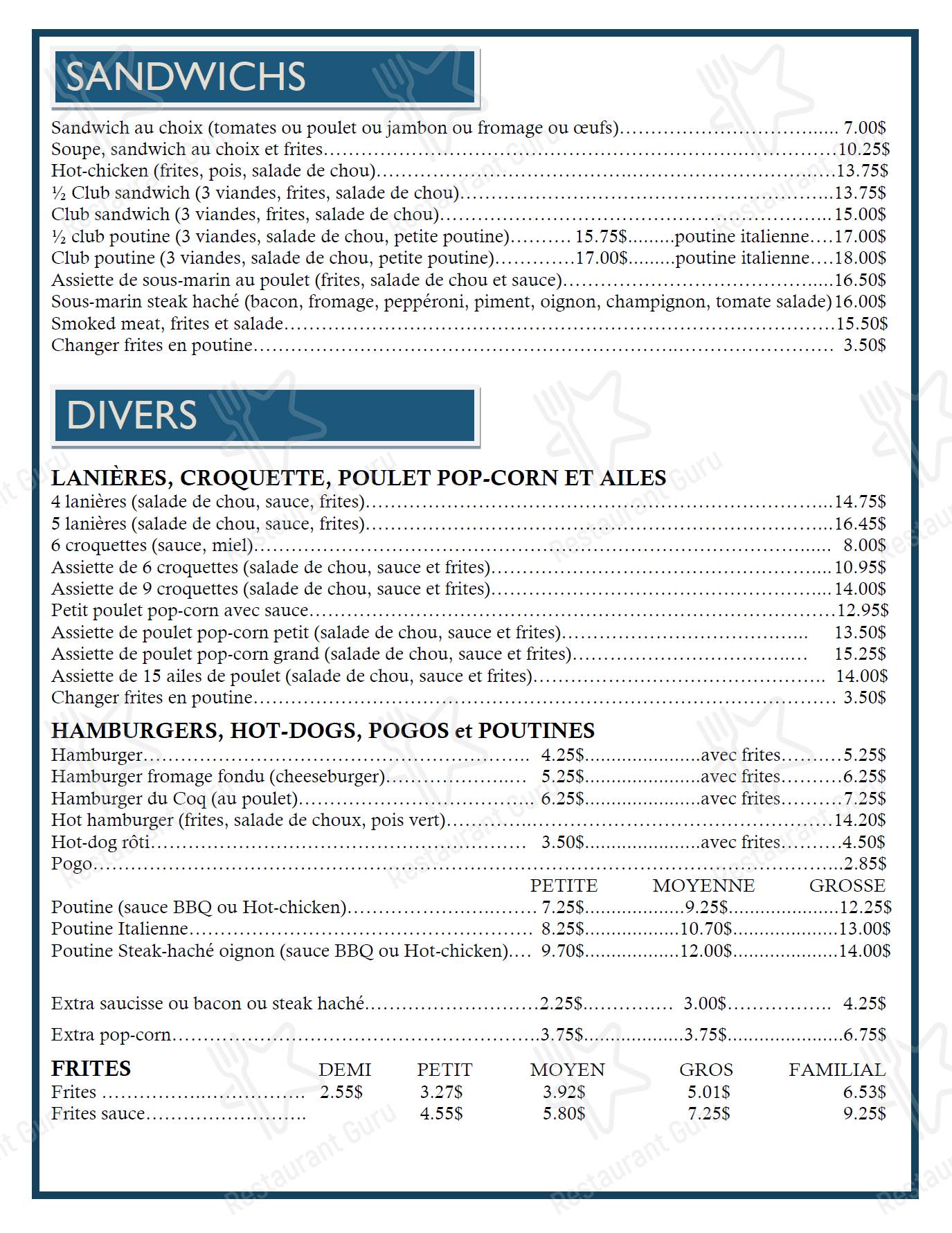 Menu au Restaurant Coco-Rico, Métabetchouan-Lac-à-la-Croix