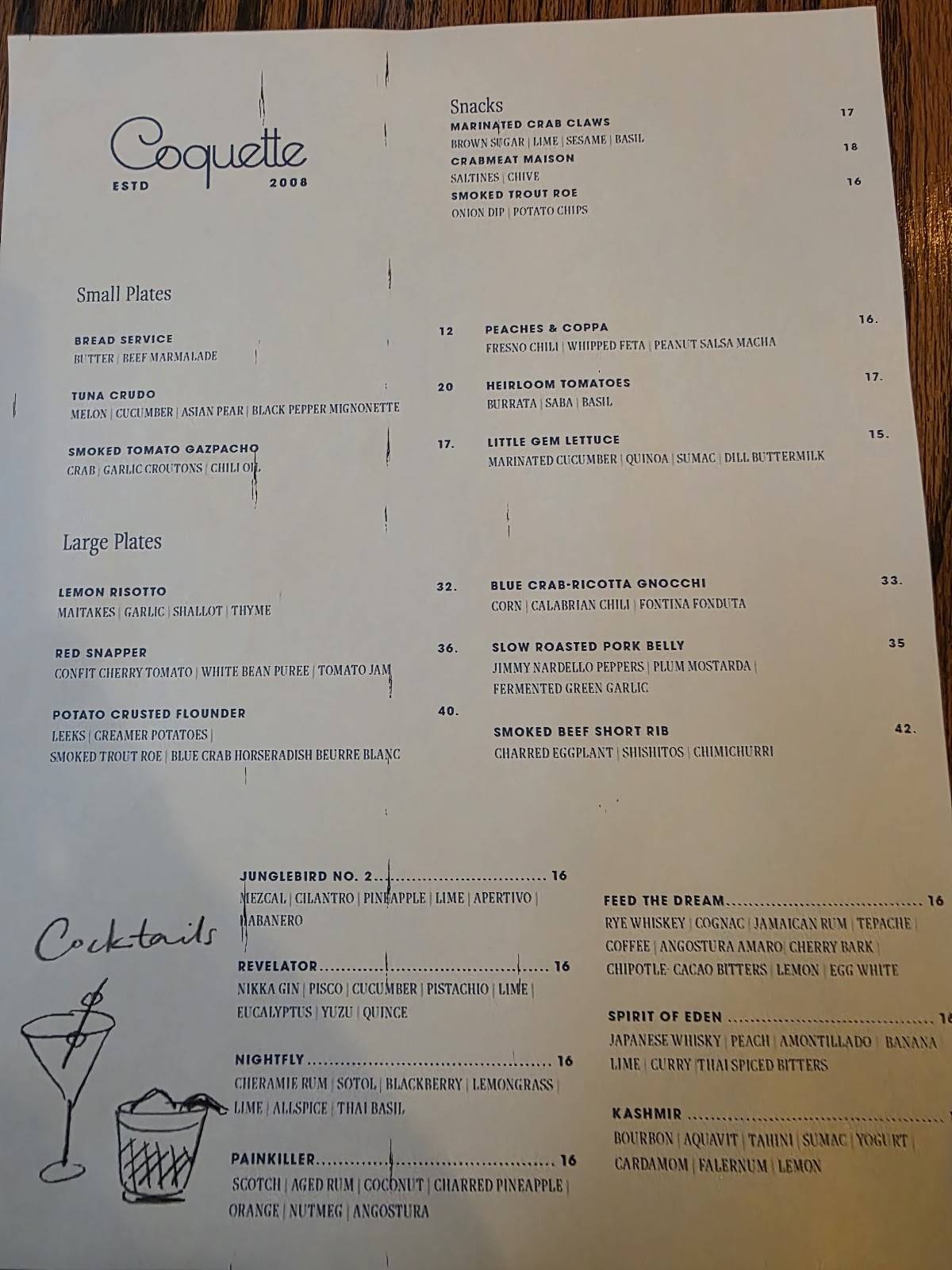 Menu at Coquette restaurant, New Orleans